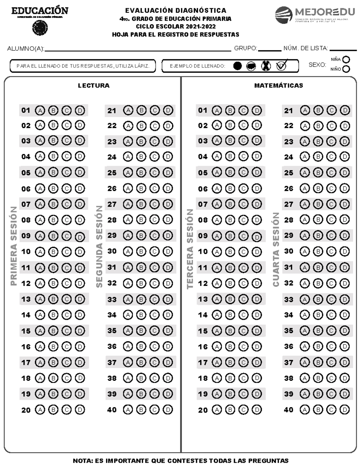 Ilide - hoja de respuestas - A B C D A B C D A B C D A B C D A B C D A ...