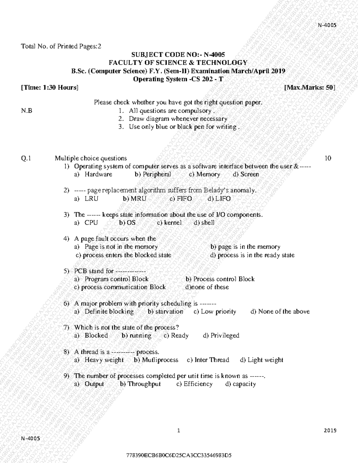 Operating System Second Sem QUESTIONS - N- 1 2019 N- Total No. of ...