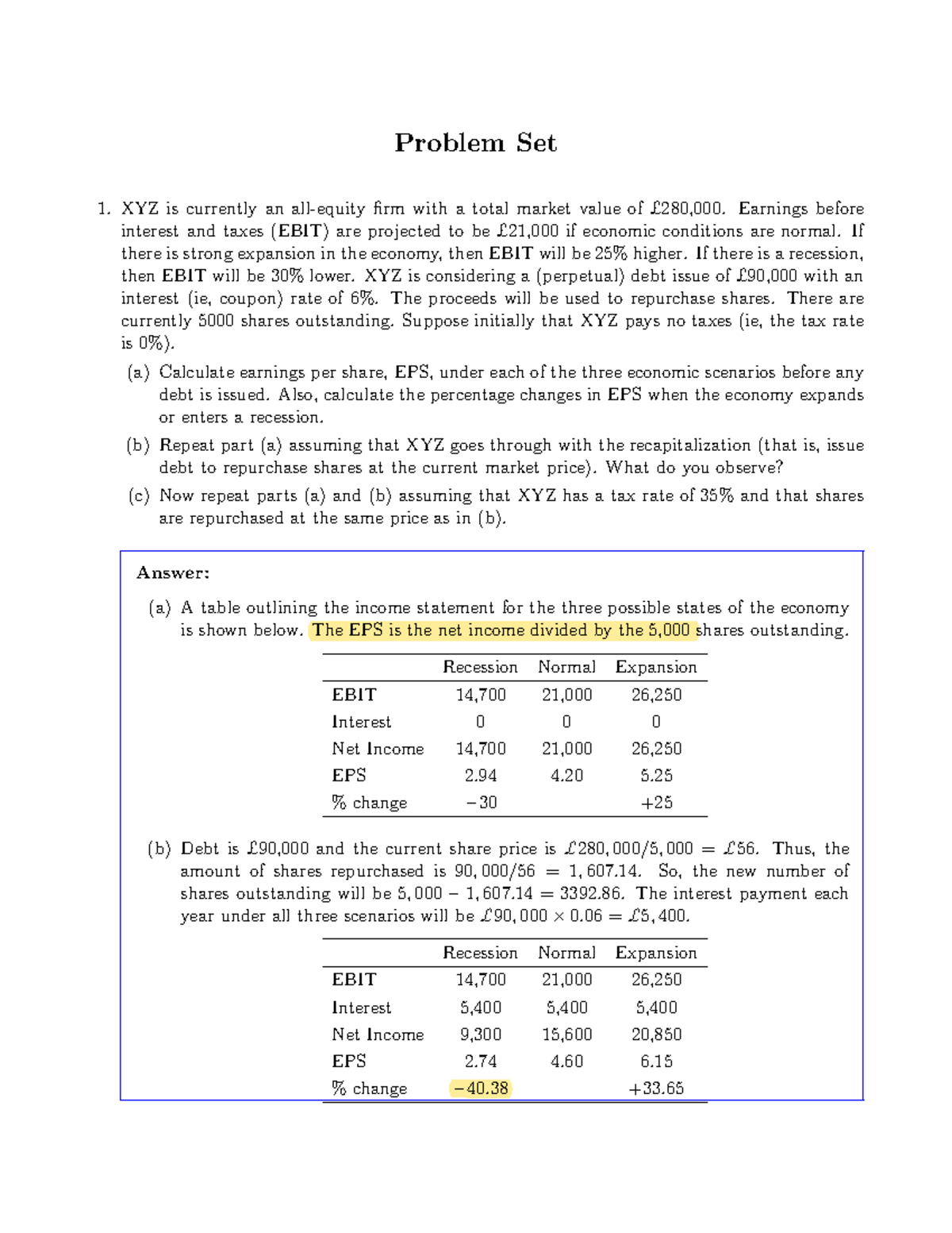 1.9 Problem Set Solutions - Problem Set XYZ is currently an all-equity firm with a total market ...