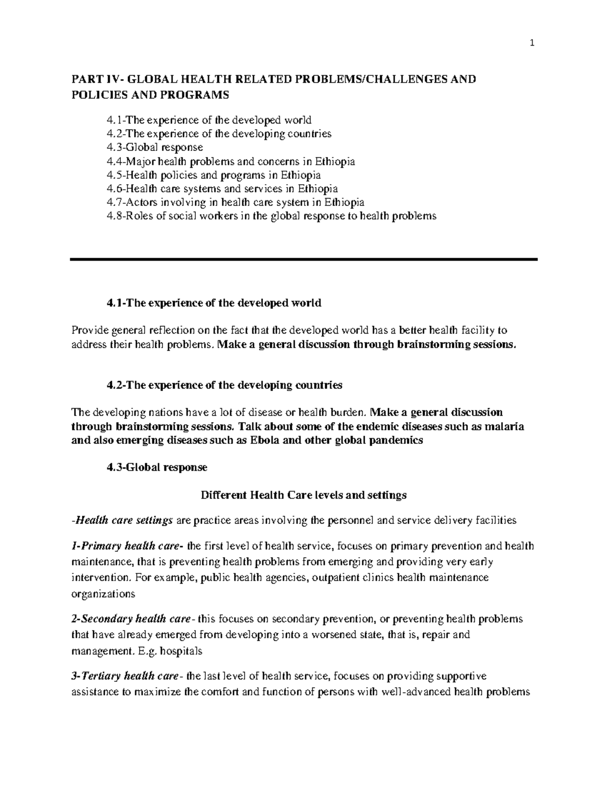 PART IV Global Health Related Problems Challenges AND Policies AND ...