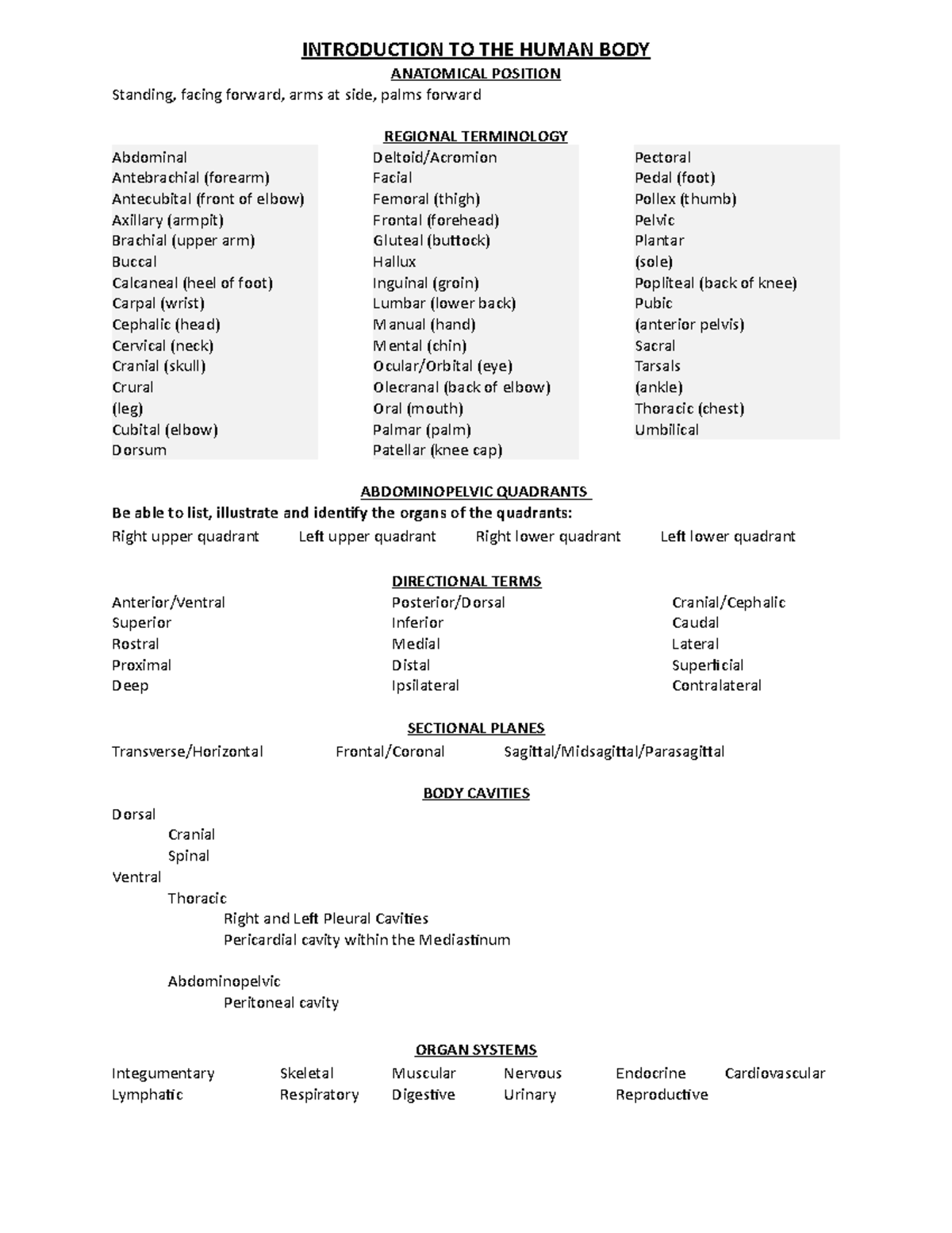 Intro To the Human Body Lab - INTRODUCTION TO THE HUMAN BODY ANATOMICAL ...