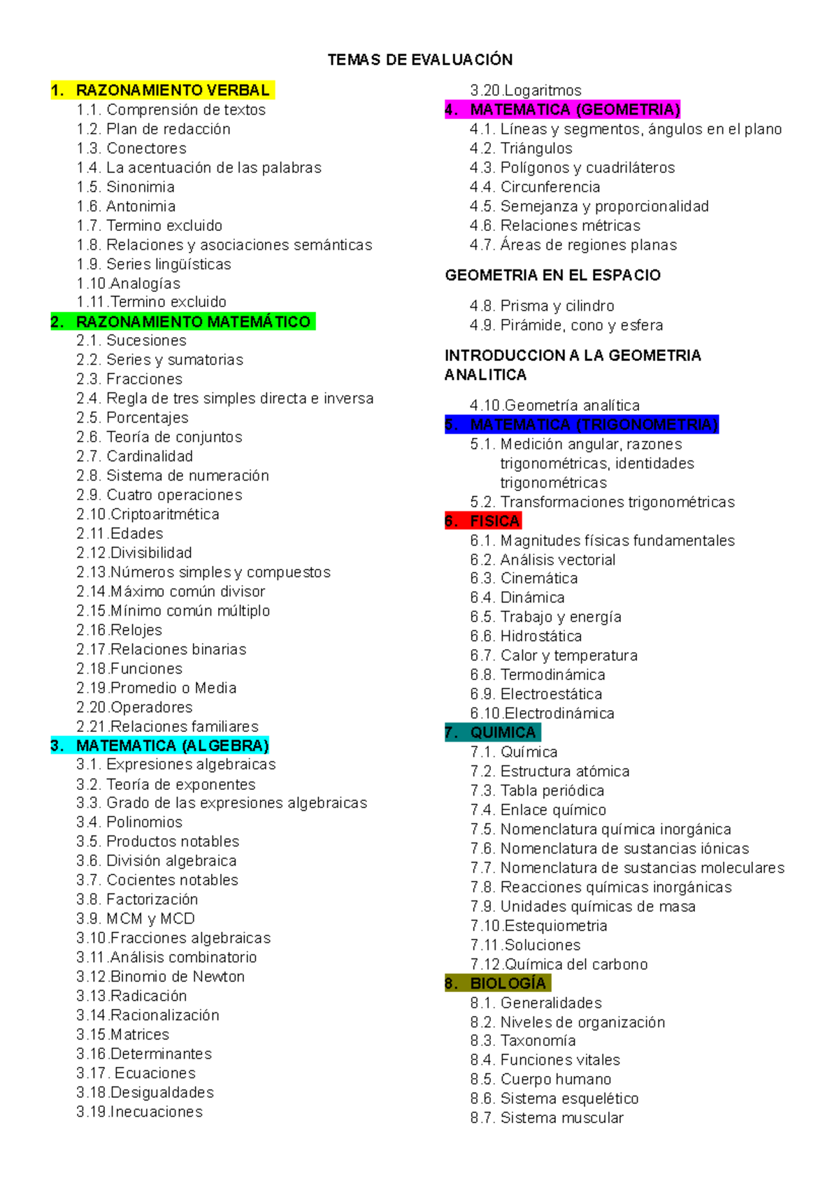 Temas DE Evaluación - TEMAS DE EVALUACIÓN 1. RAZONAMIENTO VERBAL ...