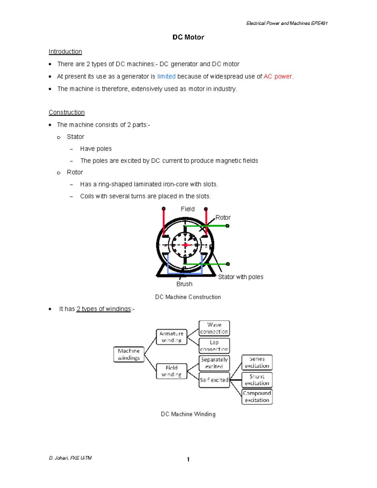 EPE491 DC Motor 6 - a) Wave connection 2 parallel paths regardless no ...