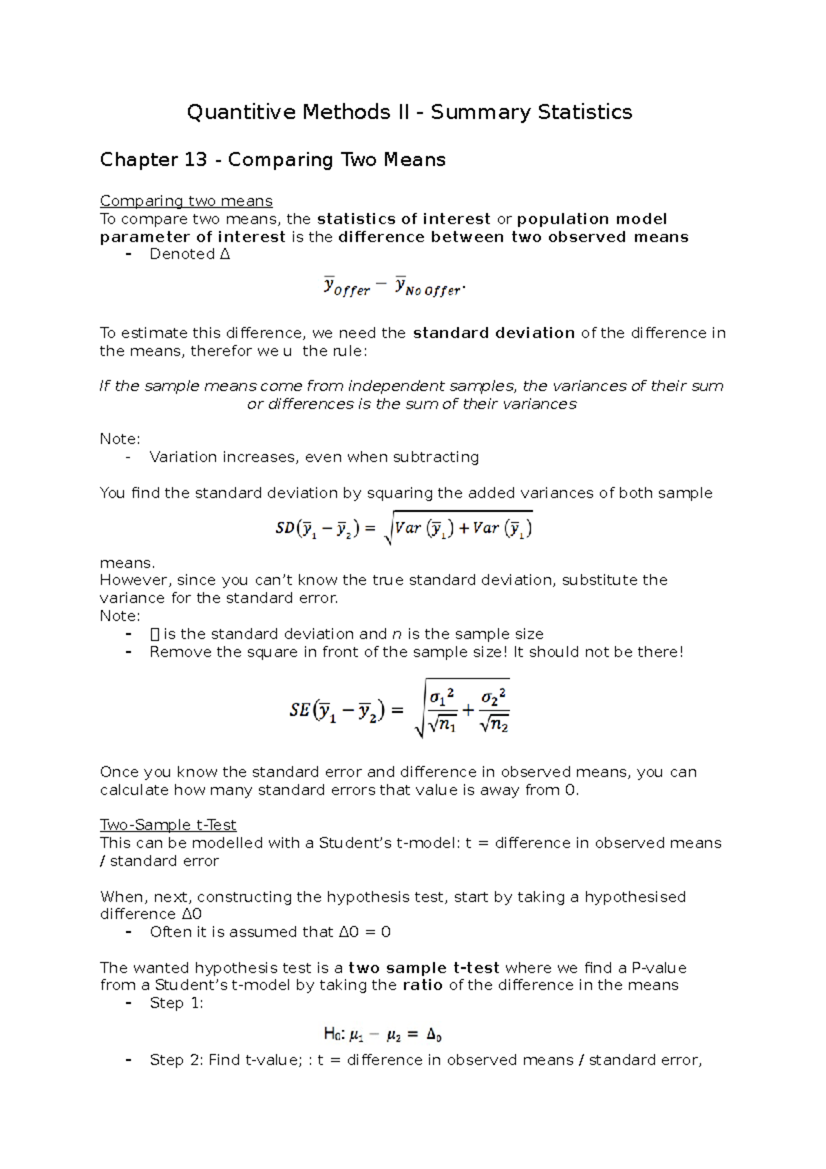 QMII stats chap 13 - Quantitive Methods II - Summary Statistics Chapter 13 - Comparing Two Means ...