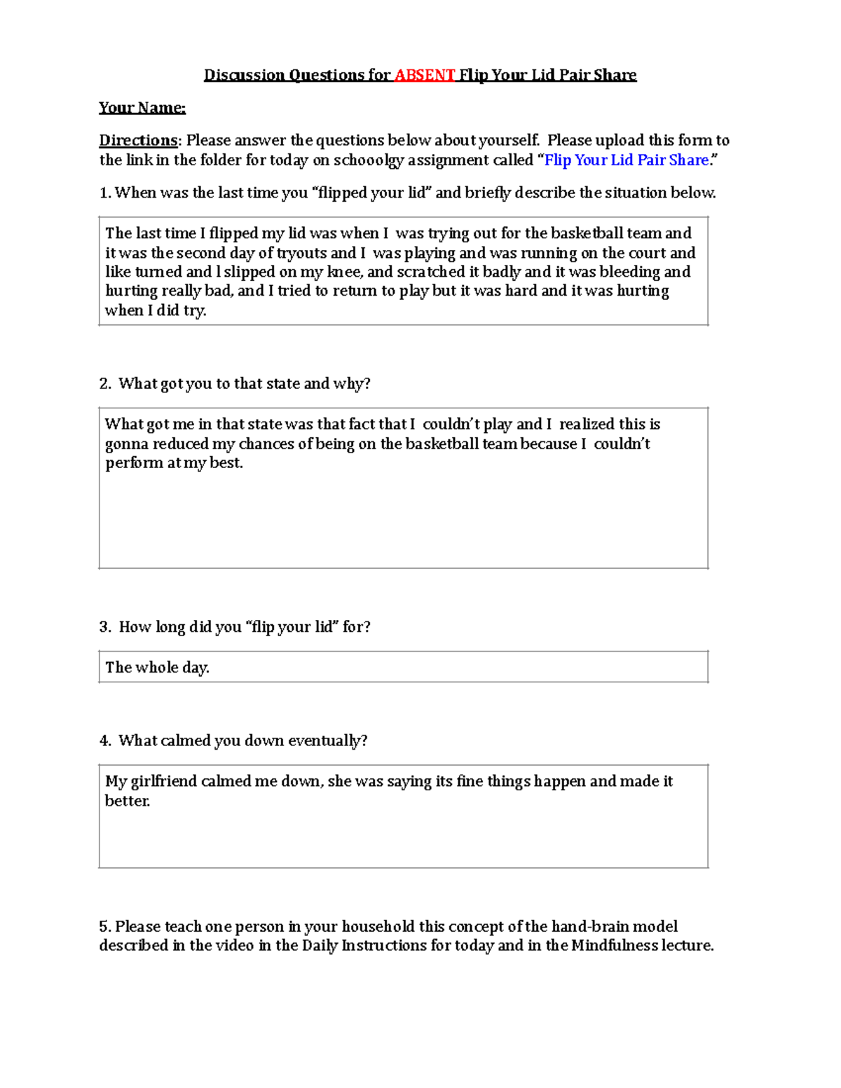 Health assignment absent - **Discussion Questions for ABSENT Flip Your ...