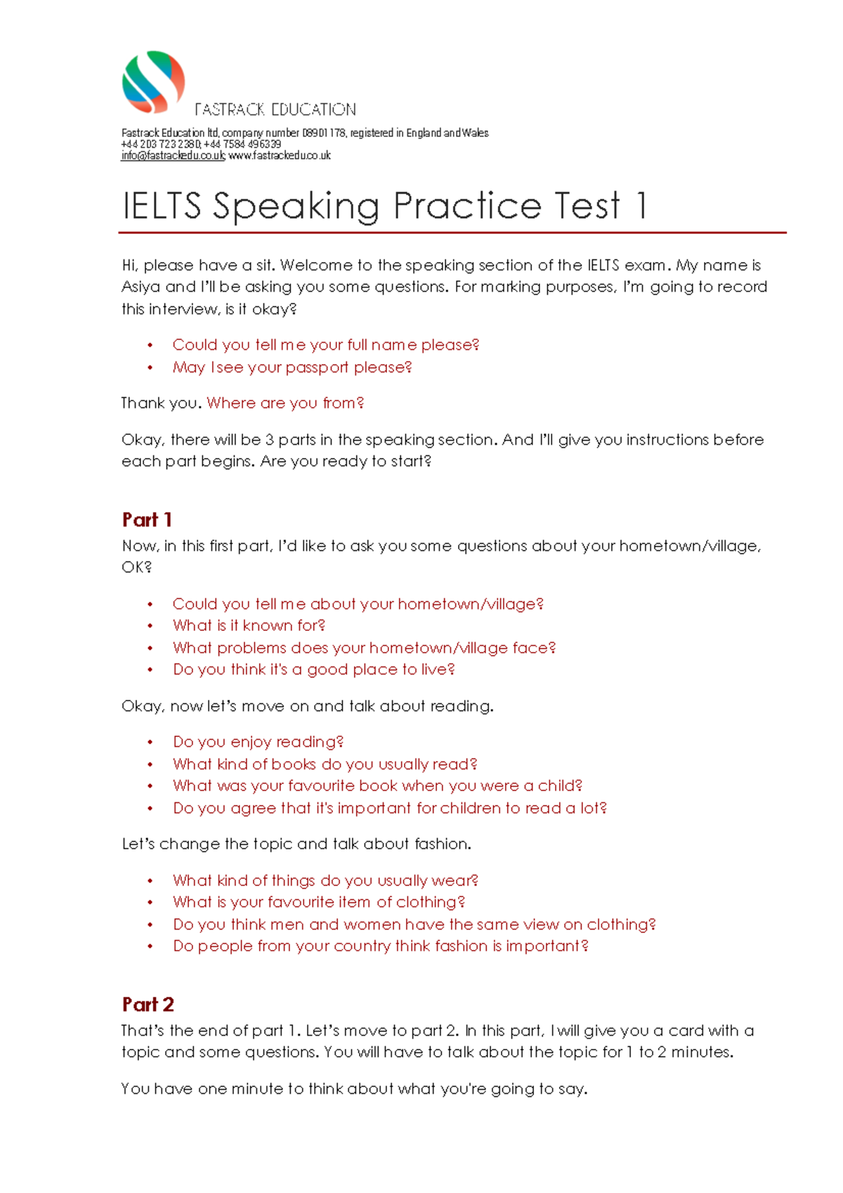 Ielts Speaking practice test 1-1507737949241 - FASTRACK EDUCATION ...
