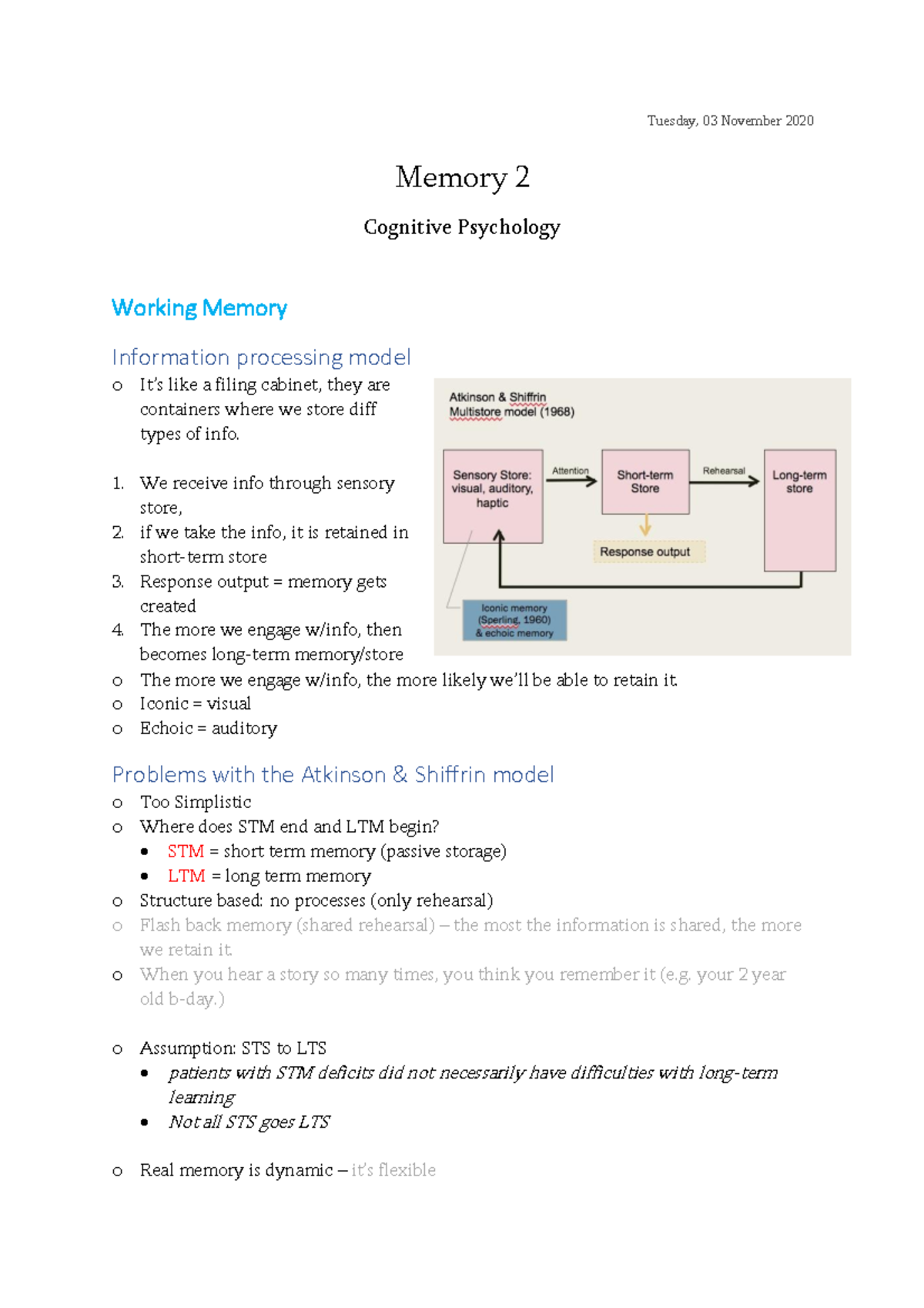 Memory 2 notes - Tuesday, 03 November 2020 Memory 2 Cognitive ...