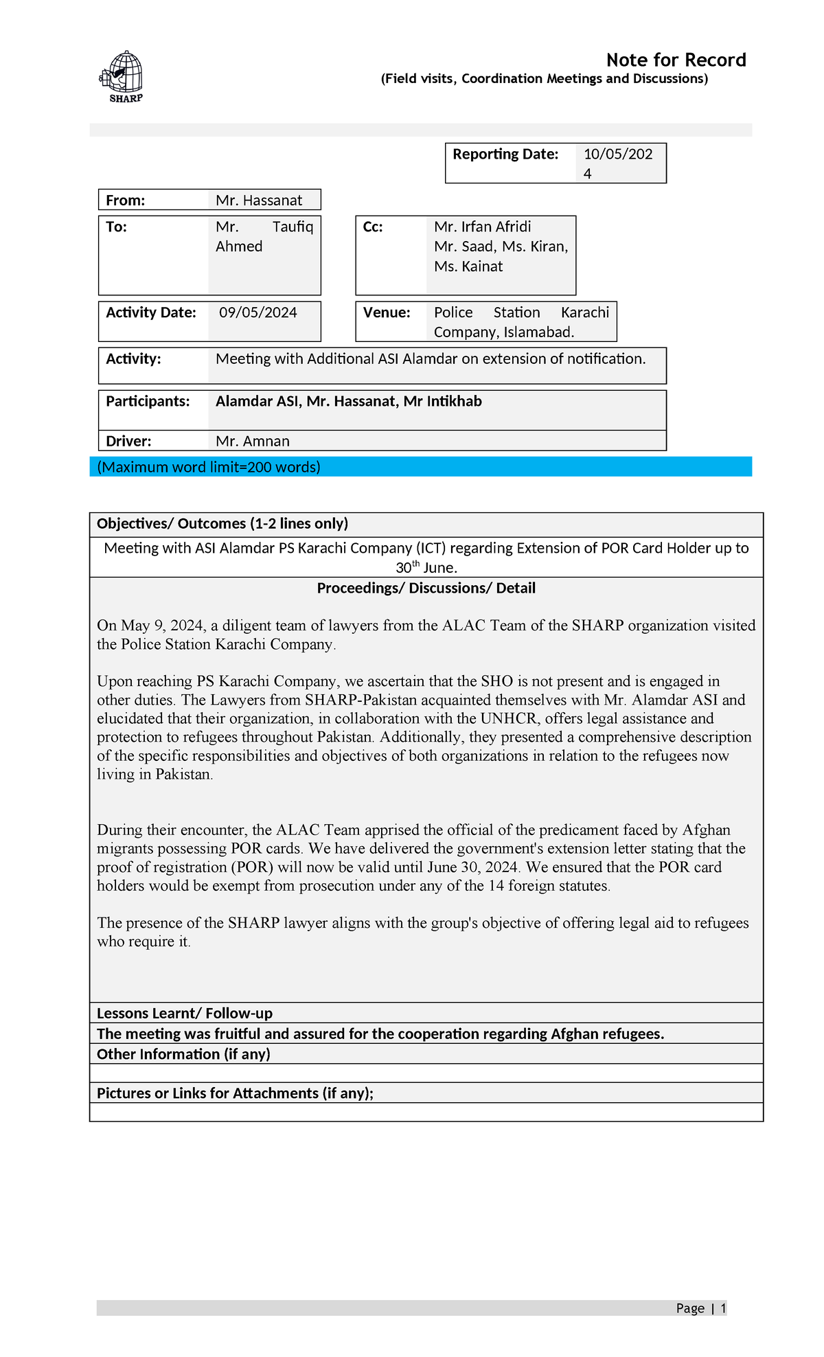 Coordination meeting at PS Karachi Company - Note for Record (Field ...