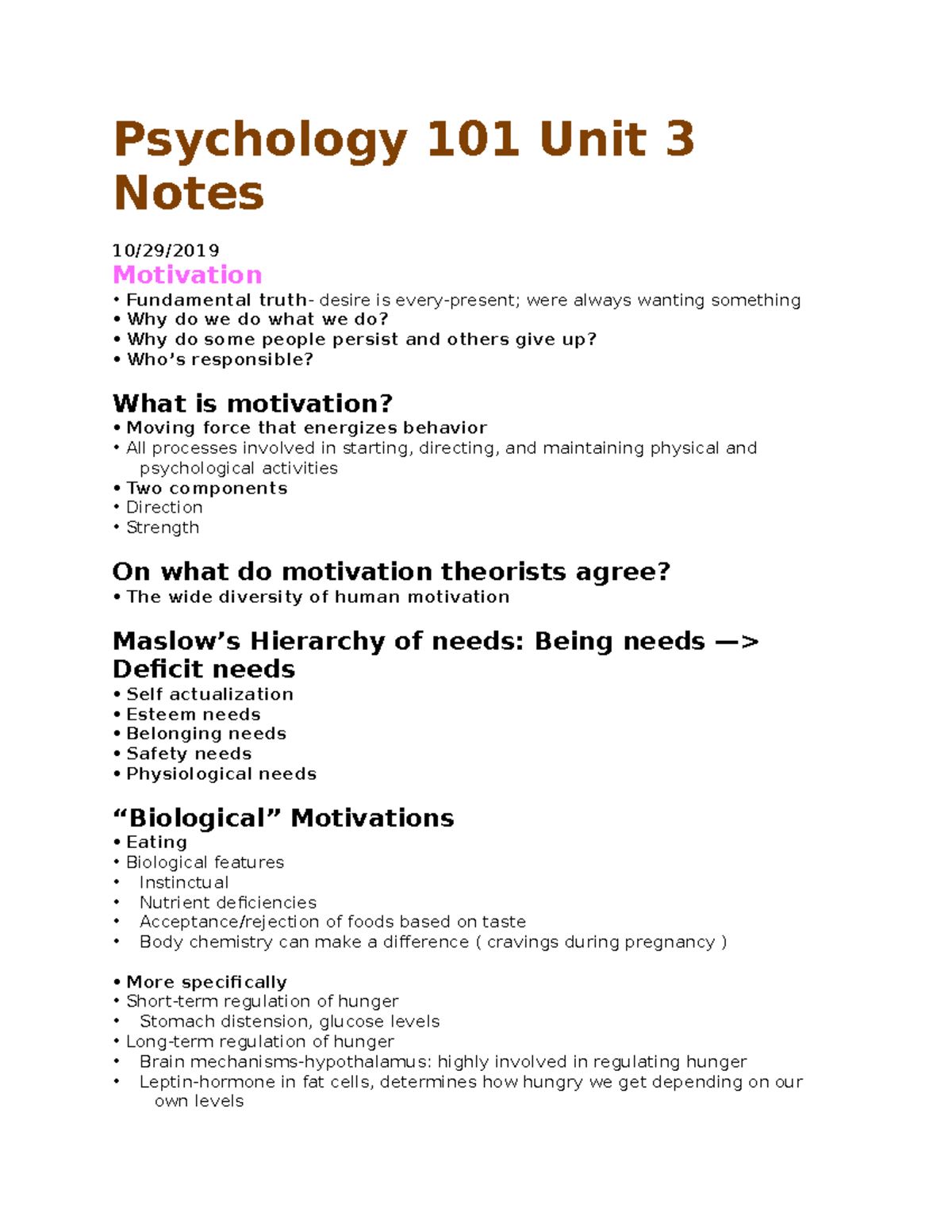 PSYC 101 Unit 3 Notes - Psychology 101 Unit 3 Notes 10/29/ Motivation ...