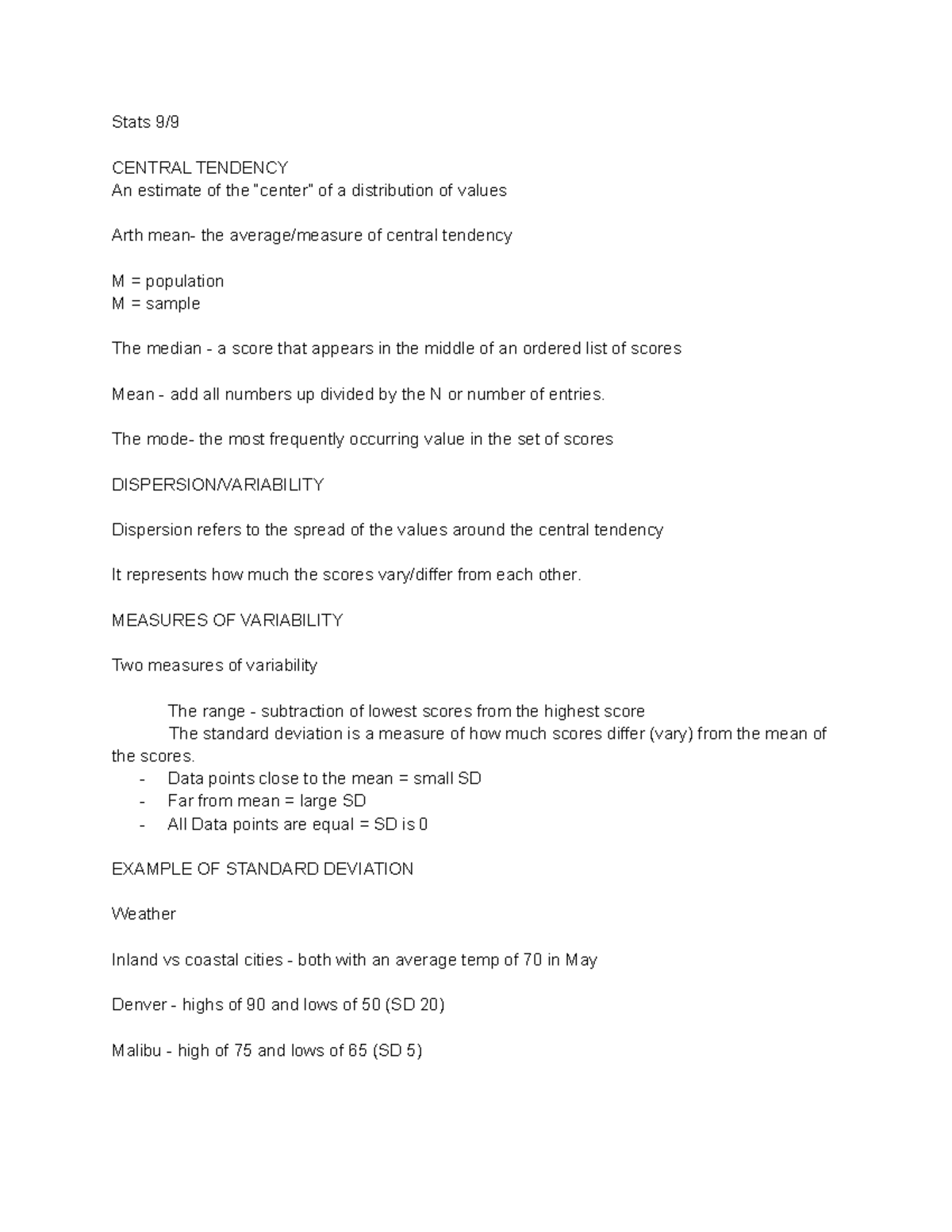 Stats notes - Chapter 1 - Stats 9/ CENTRAL TENDENCY An estimate of the ...