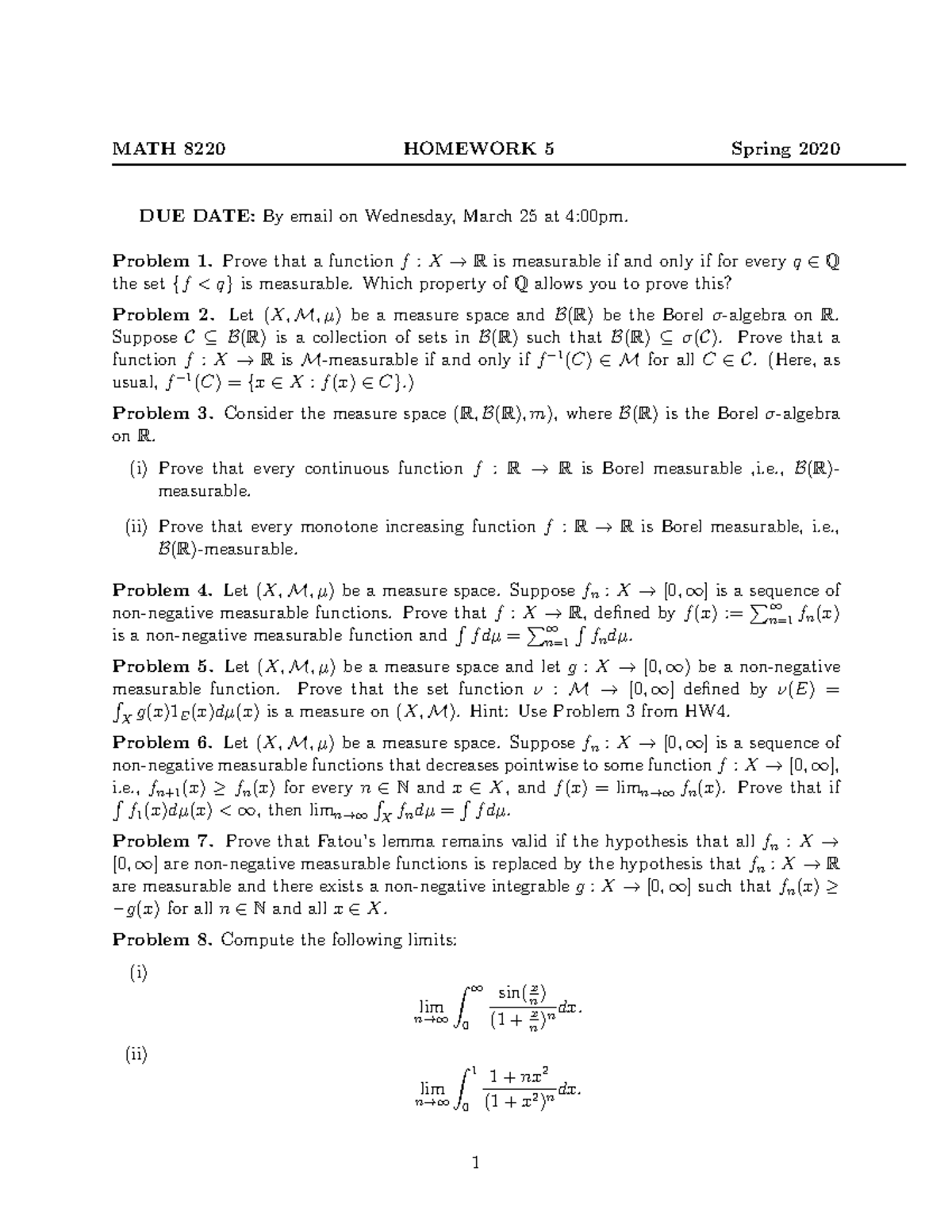 HW5 - HW5 - MATH 8220 HOMEWORK 5 Spring 2020 DUE DATE: By email on Wednesday, March 25 at 4:00pm ...