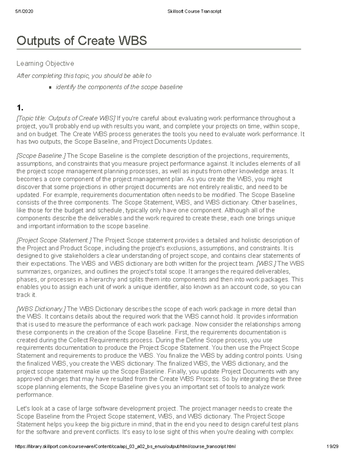 Outputs of Create WBS - 5/1/2020 Skillsoft Course Transcript - Studocu