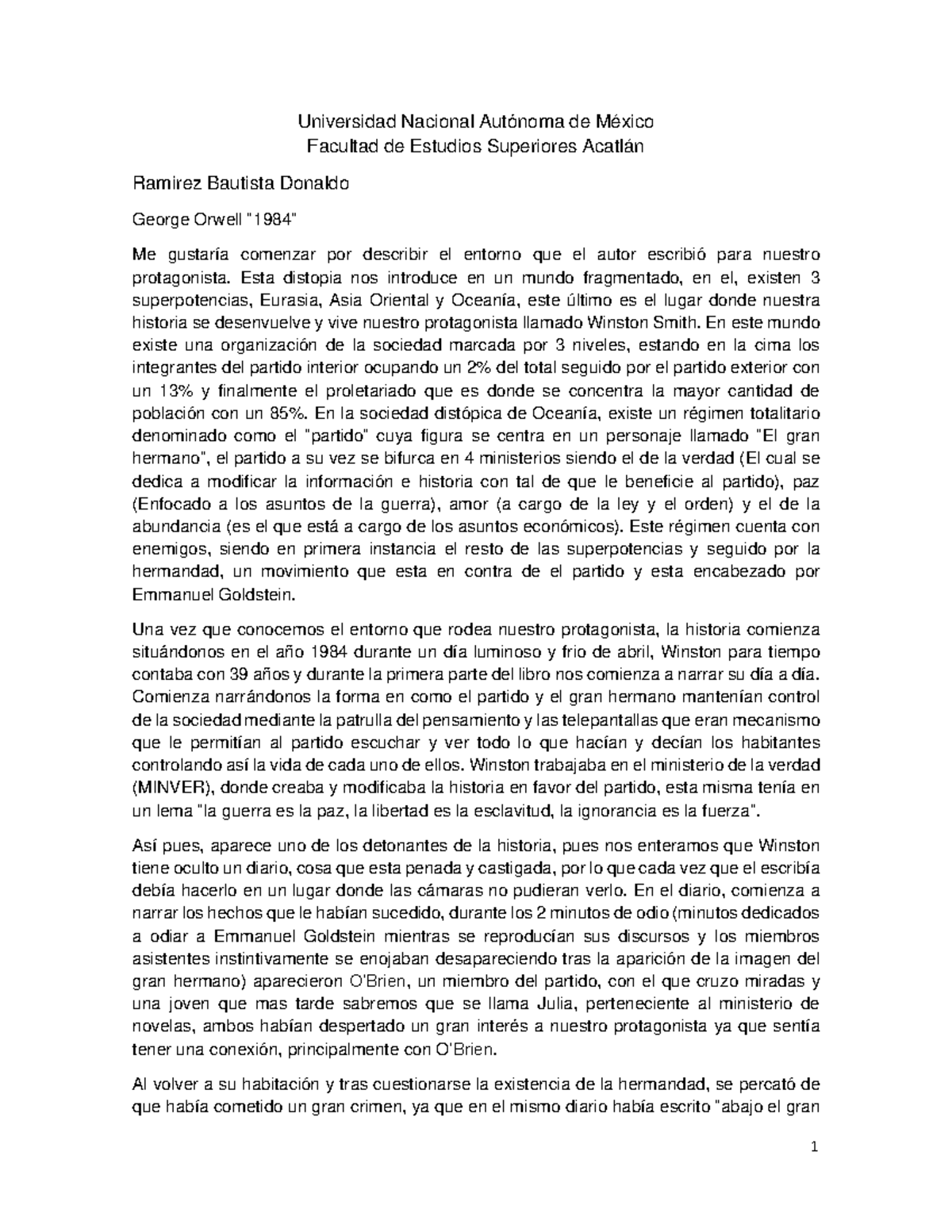 Resumen del libro 1984 George Orwell - Universidad Nacional Autónoma de ...