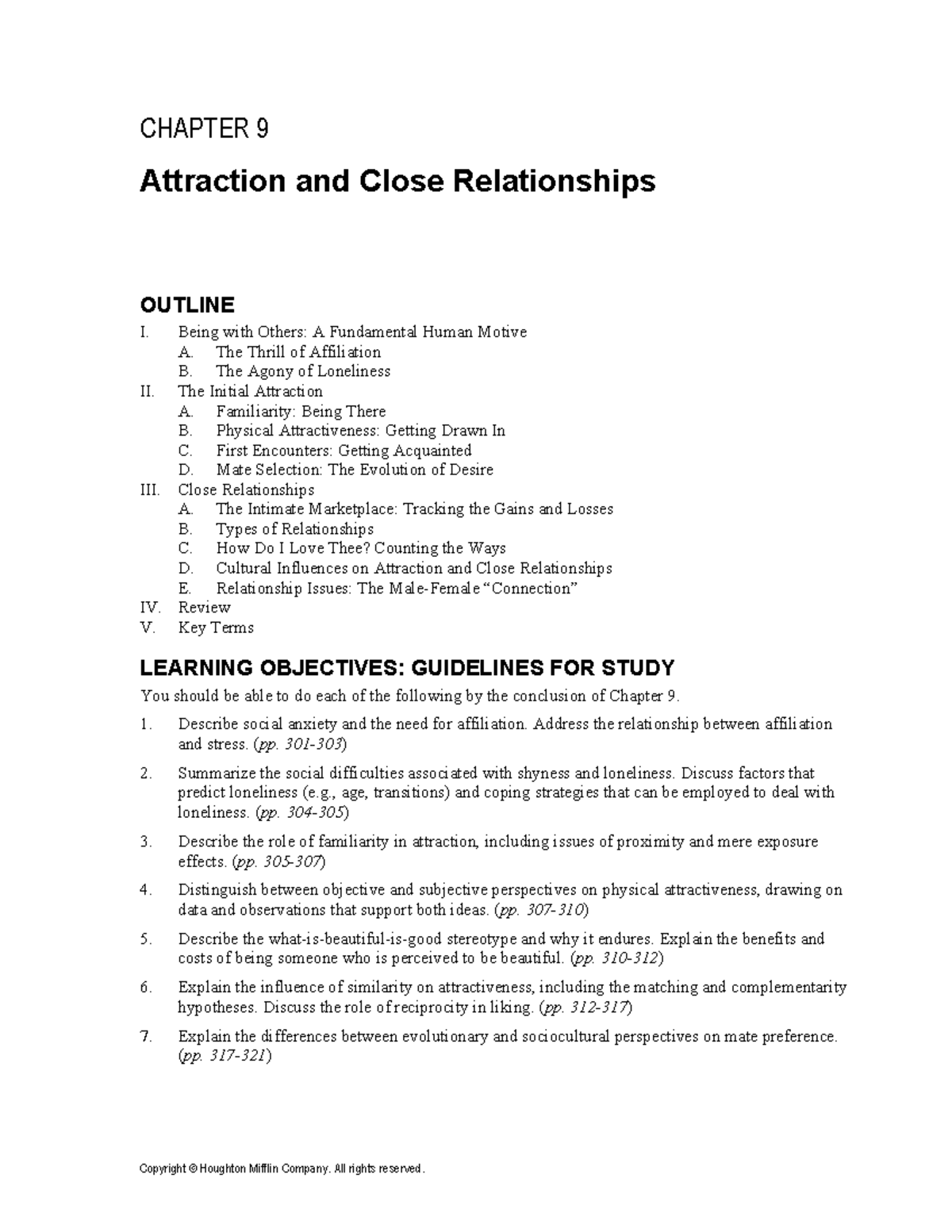 Ch09 sg - Chapter 9 Study review - CHAPTER 9 Attraction and Close Relationships OUTLINE I. Being ...
