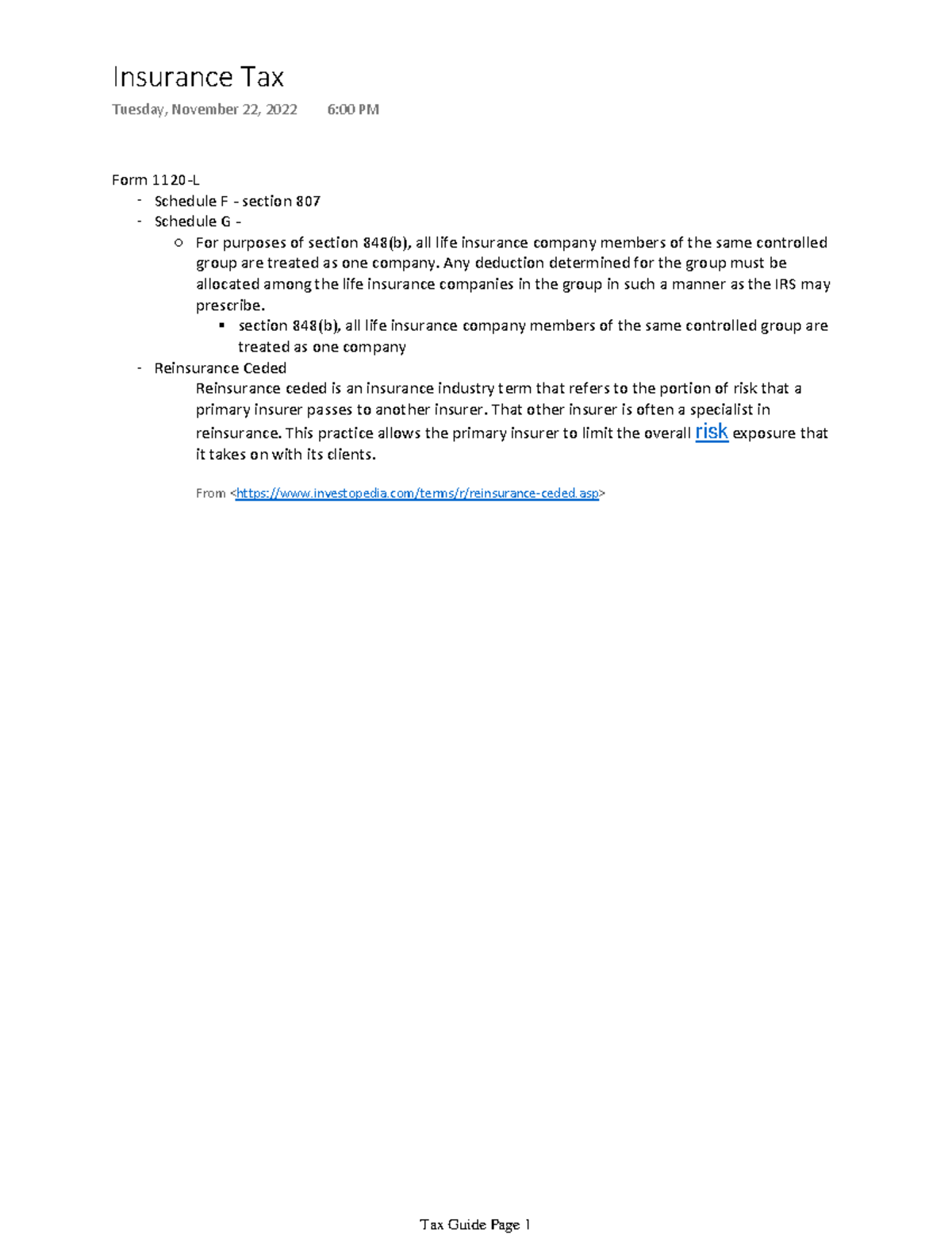 Insurance Tax - Form 1120-L - Schedule F - section 807 Schedule G - For ...