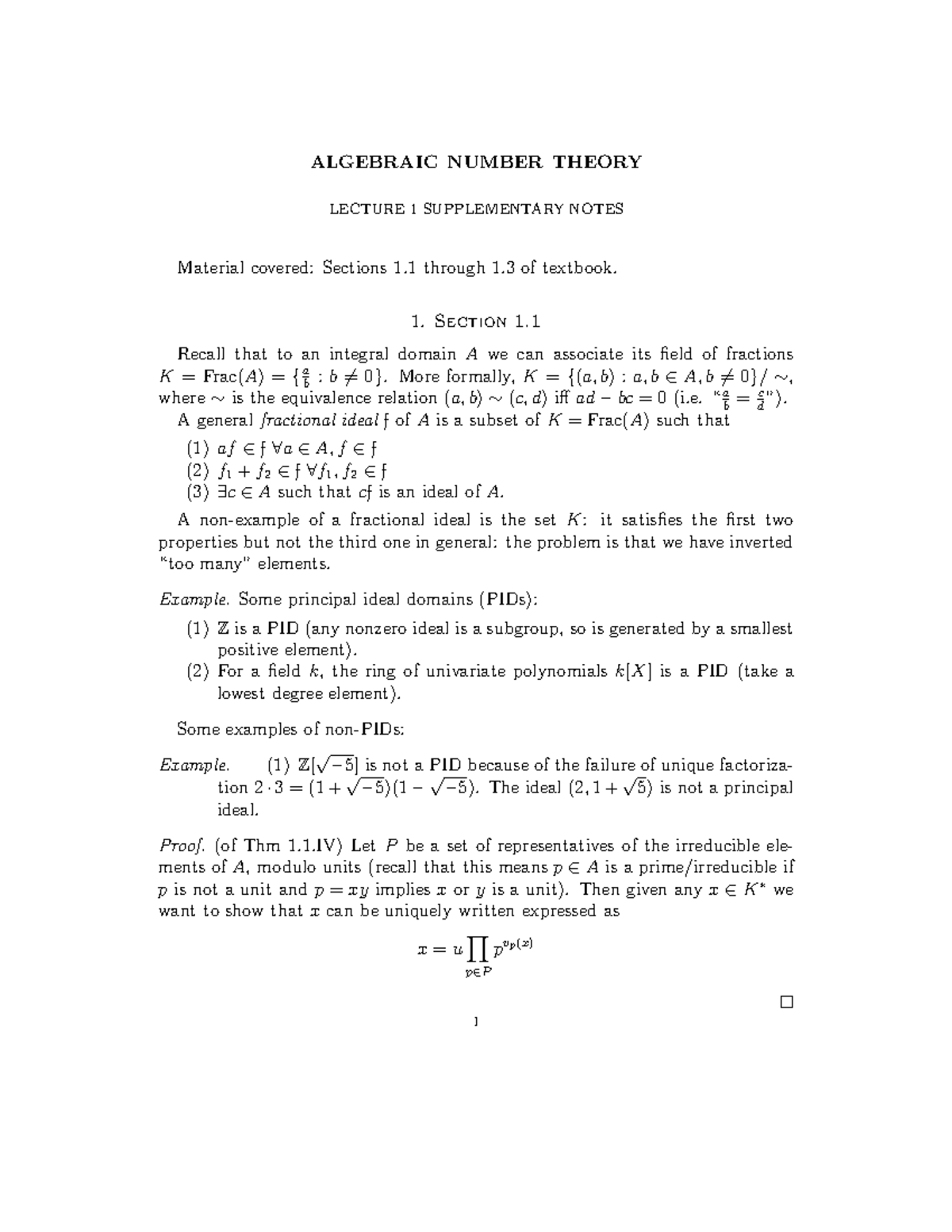 Topics In Algebraic Number Theory Part 1 ∏ Algebraic Number Theory