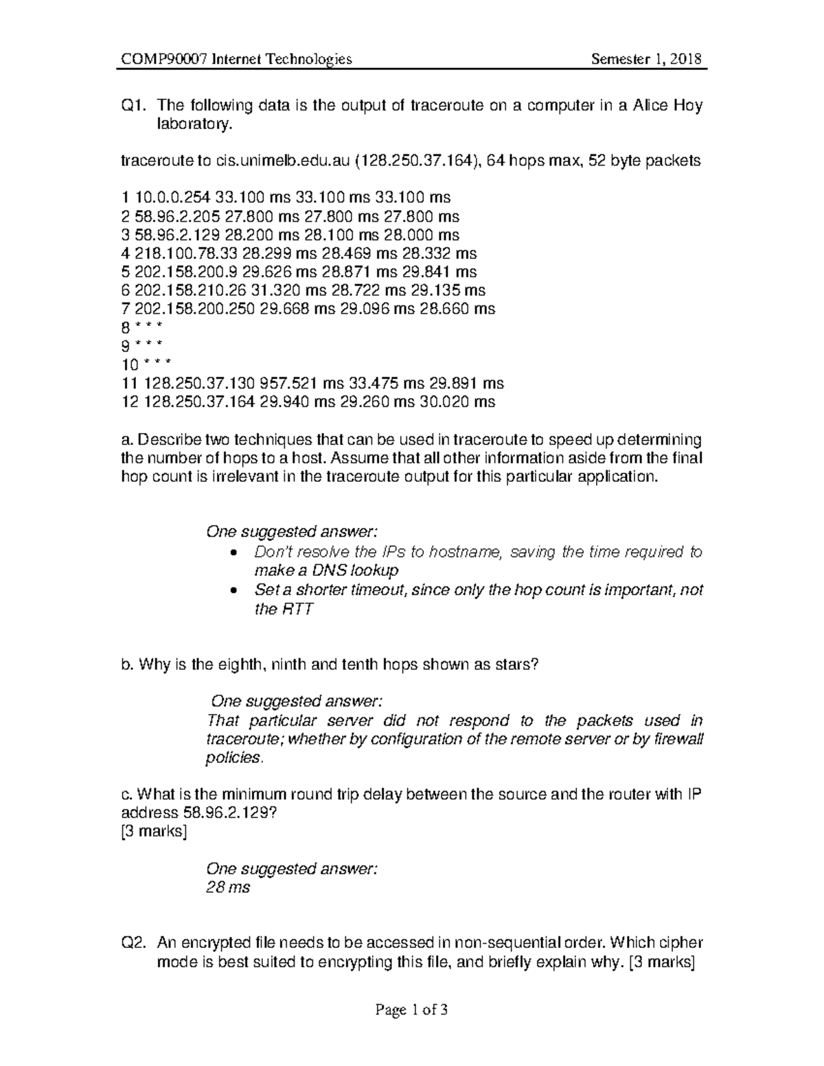 Exam 1 June 2018, questions and answers - COMP90007 Internet Technologies Semester 1, 2018 Q1 ...