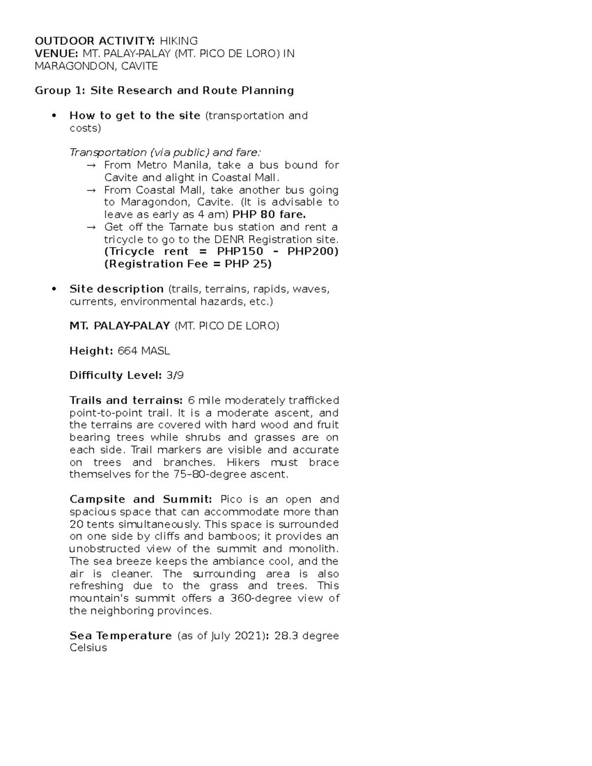 Group 1: Site Research and Route Planning - OUTDOOR ACTIVITY: HIKING ...