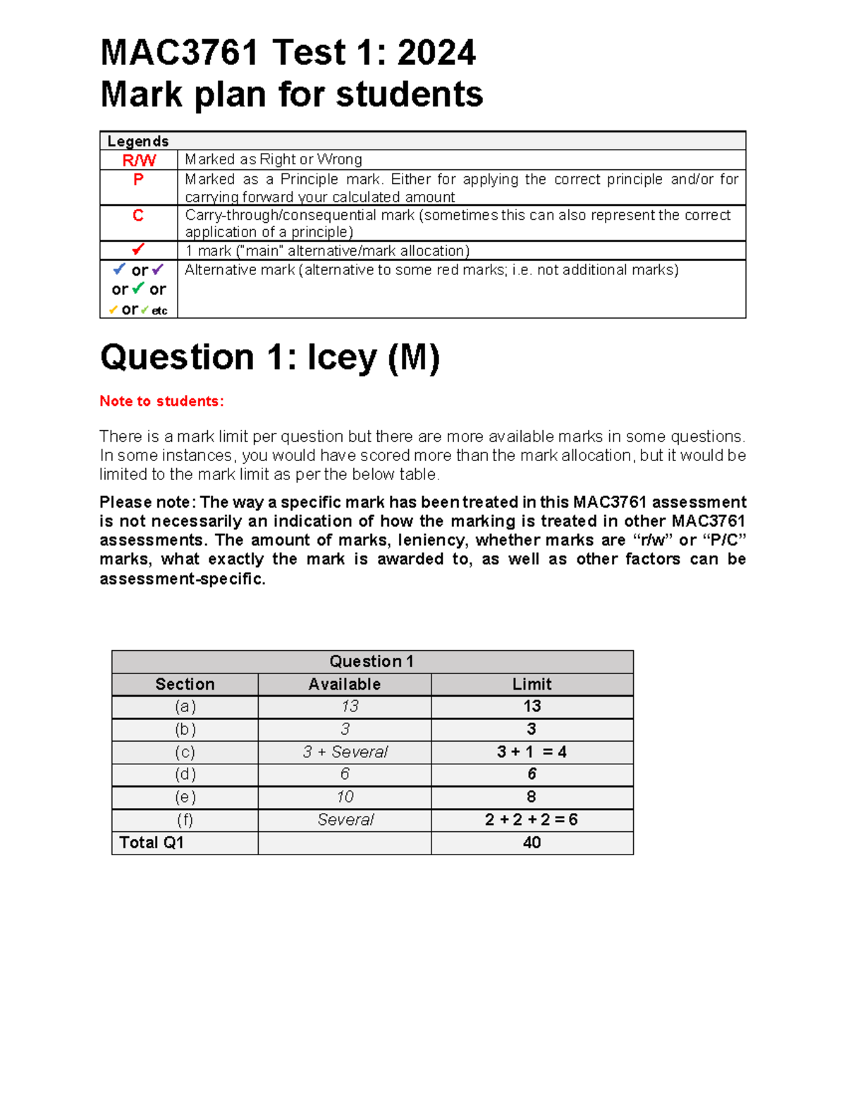 MAC3761 Test 1 mark plan for students - MAC3761 Test 1: 2024 Mark plan ...
