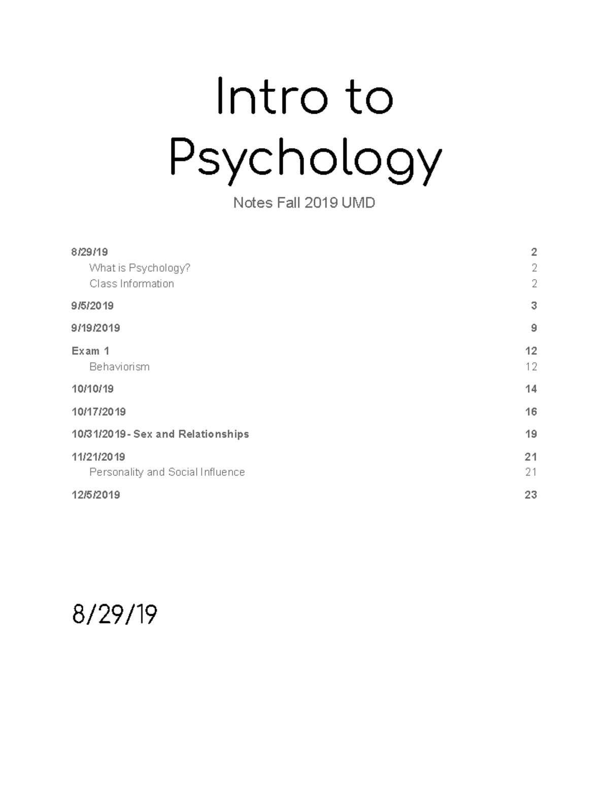 Intro to Psychology Lecture - Intro to Psychology 8/29/19 Notes Fall ...