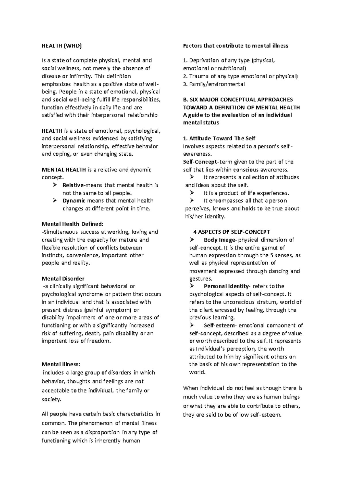 Compilation OF Psychiatric Nursing Notes - HEALTH (WHO) Is a state of ...
