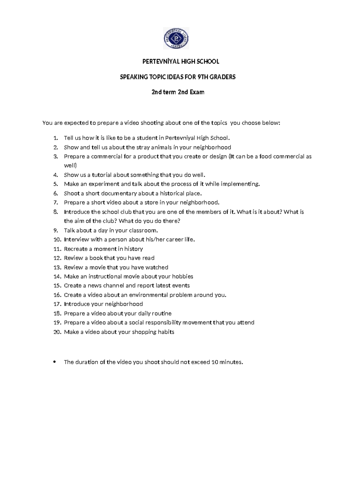 speaking topic english - PERTEVNİYAL HIGH SCHOOL SPEAKING TOPIC IDEAS ...