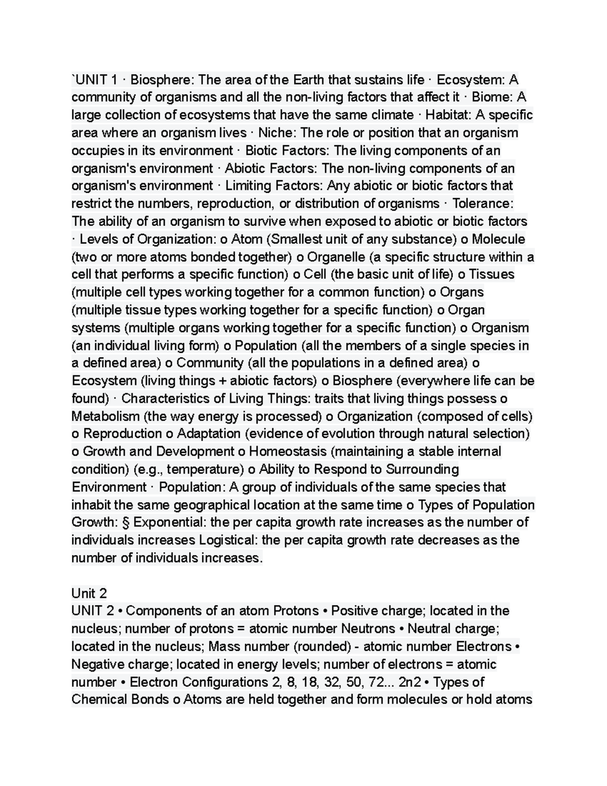 Unit Summaires - Sem 1 summary - `UNIT 1 · Biosphere: The area of the ...