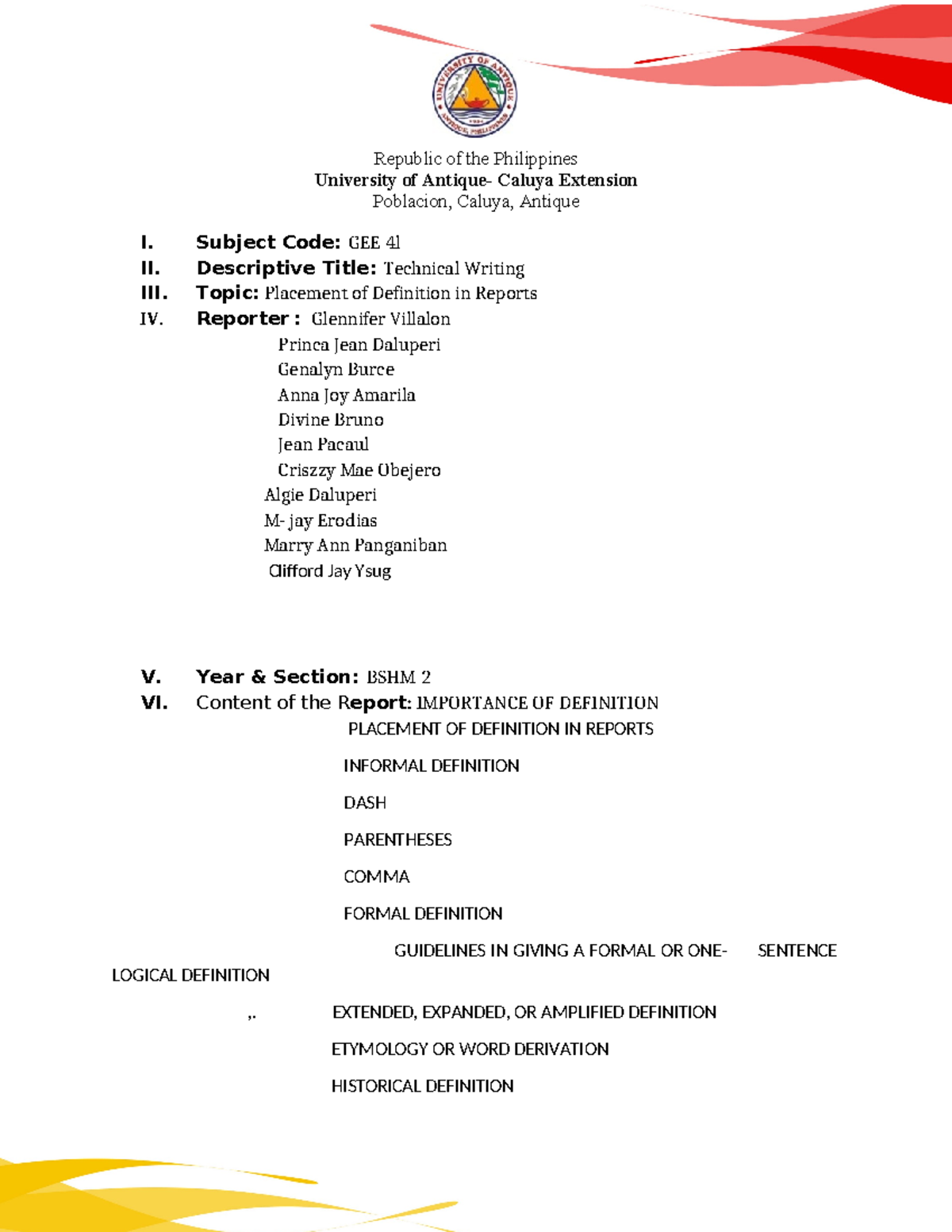 Report-Template - Republic of the Philippines University of Antique ...