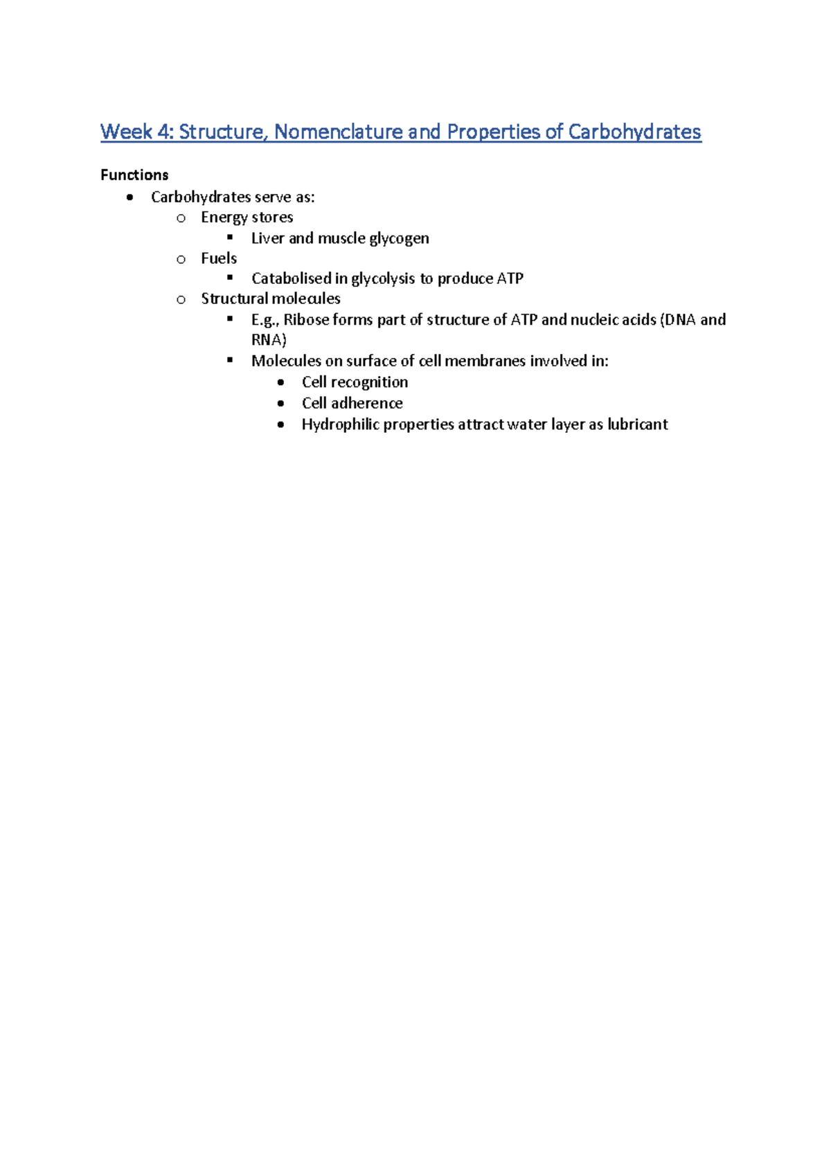 Week 4 - Biochem full notes - Week 4 : Structure, Nomenclature and ...