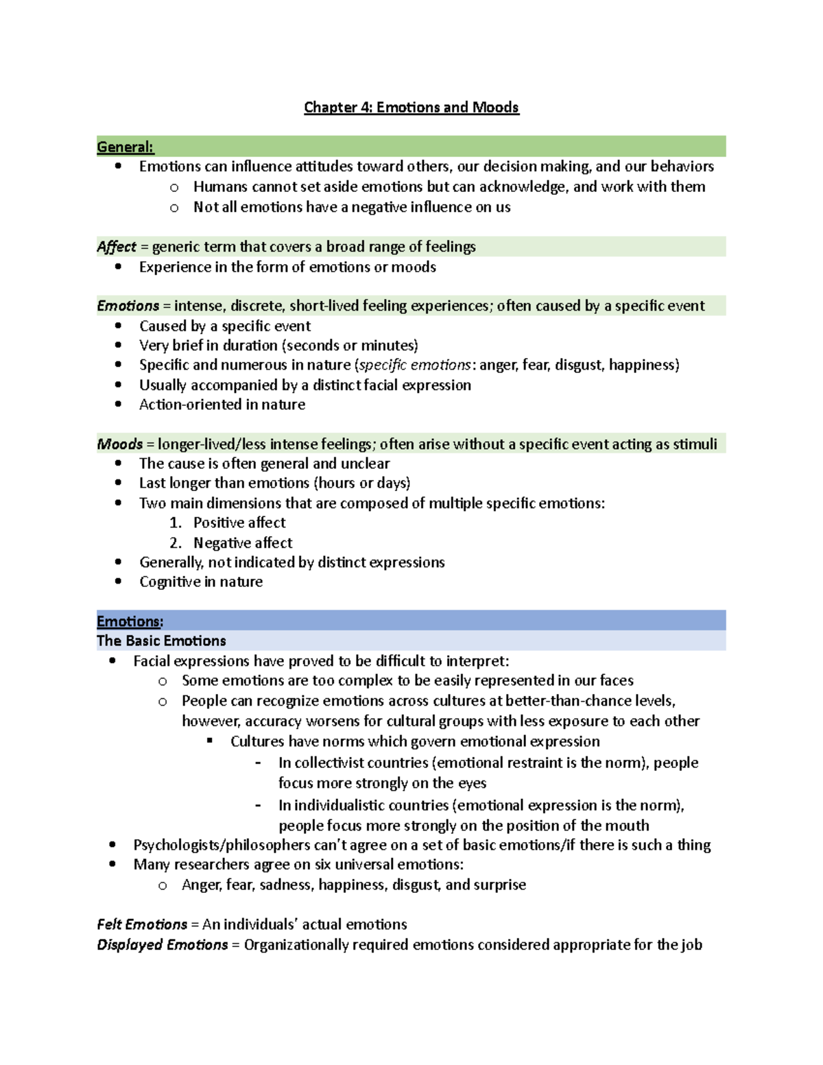 Exam #1 ORGB Textbook Notes - Chapter 4: Emotions and Moods General ...