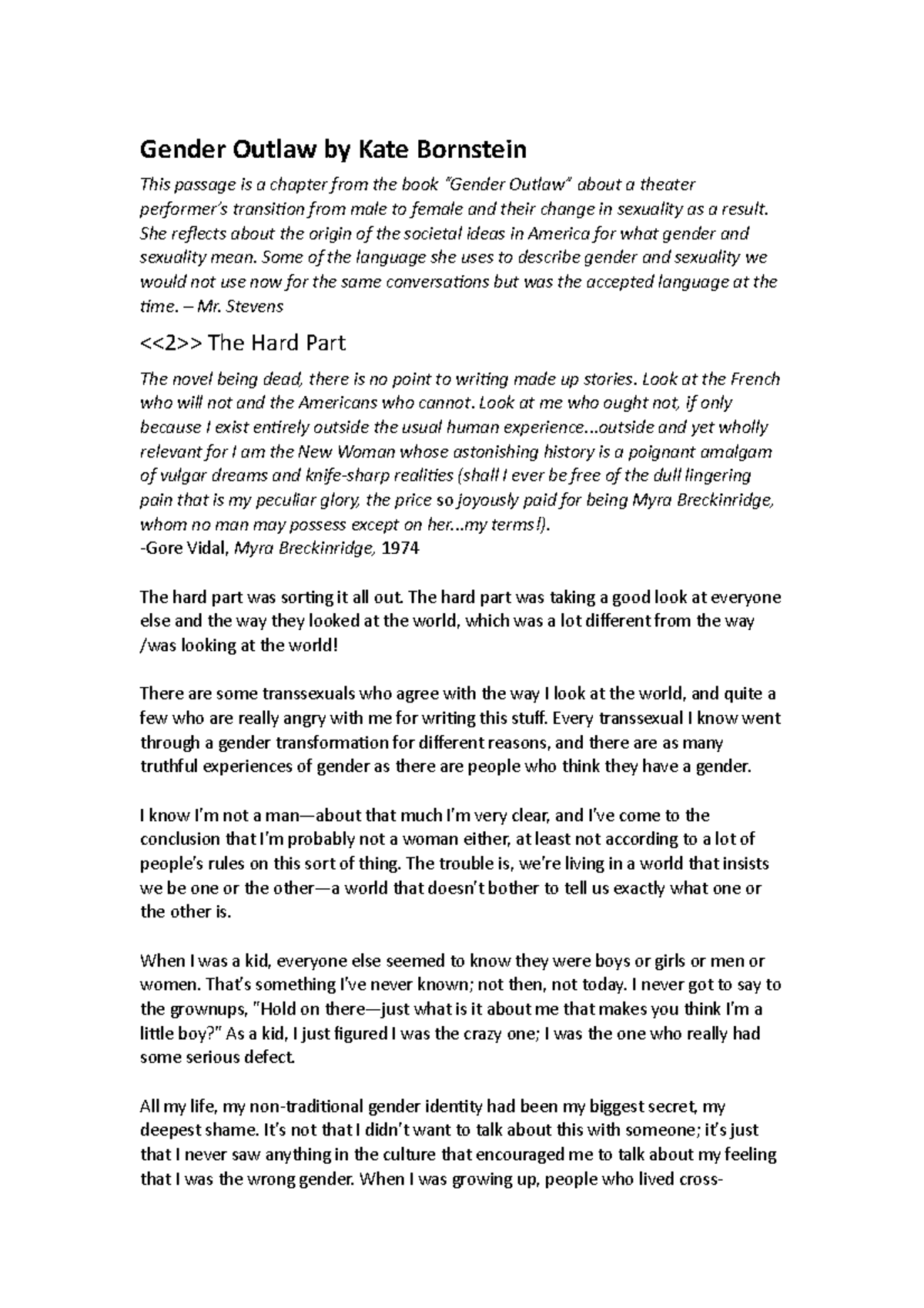 Gender Outlaw by Kate Bornstein - She reflects about the origin of the ...