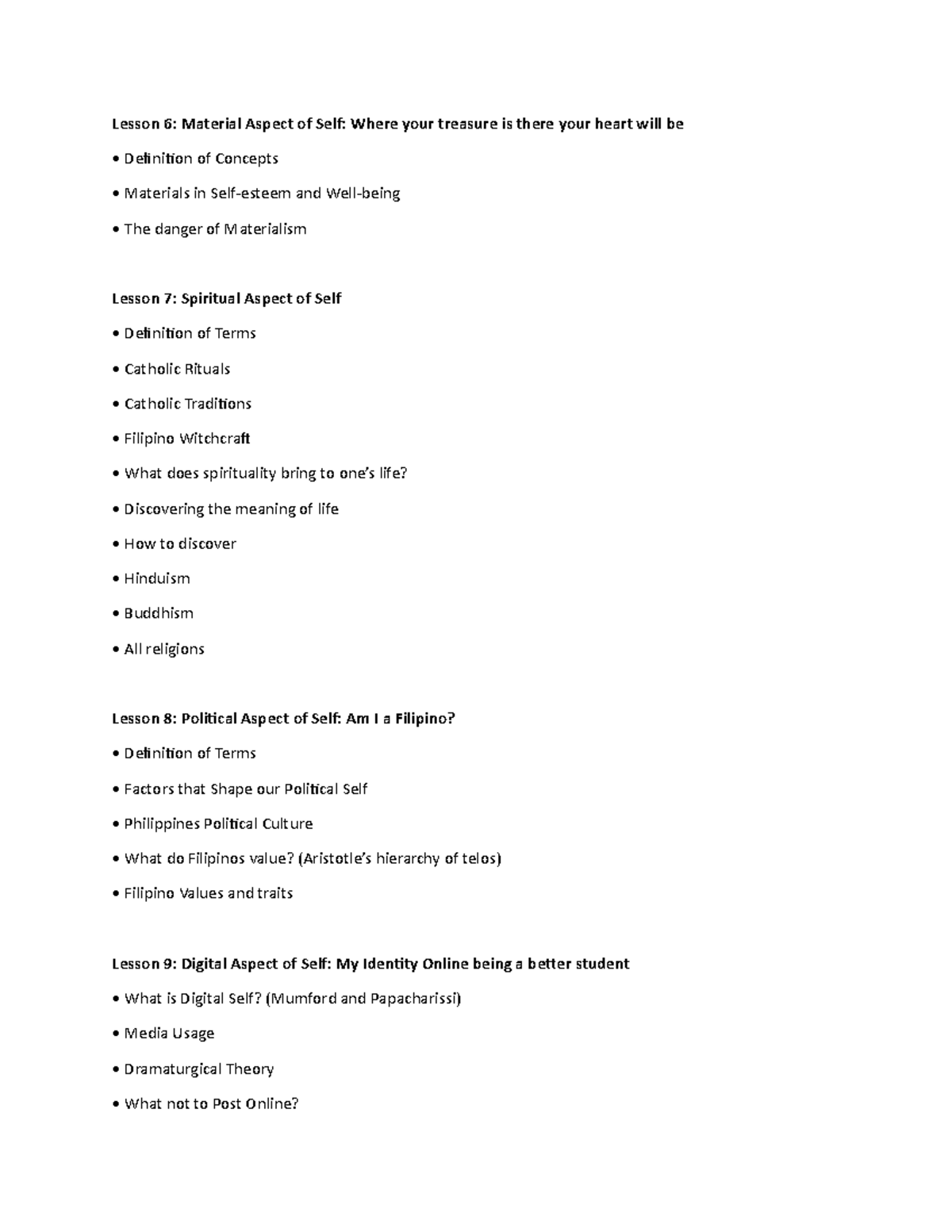 Lesson 6 - ethics - Lesson 6: Material Aspect of Self: Where your treasure is there your heart ...