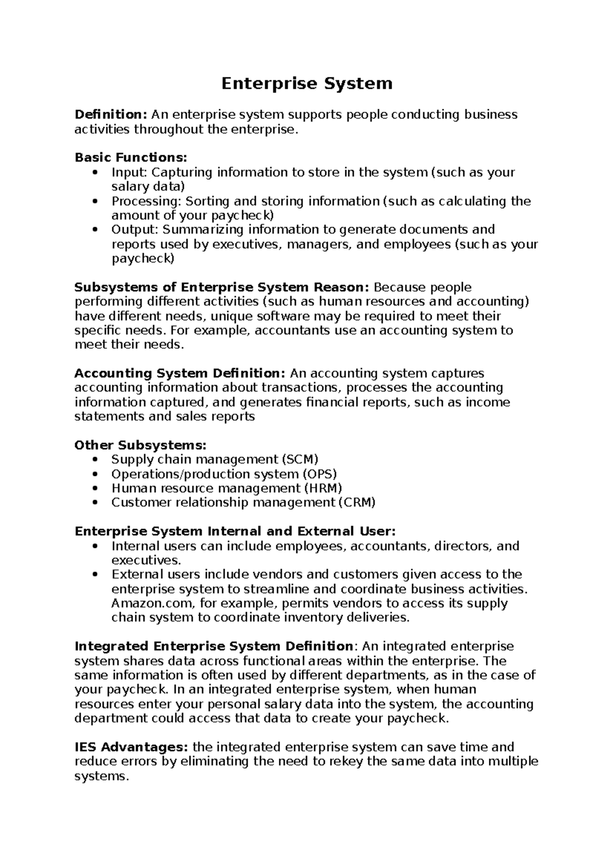 Week1 - Note - Enterprise System Definition: An enterprise system ...
