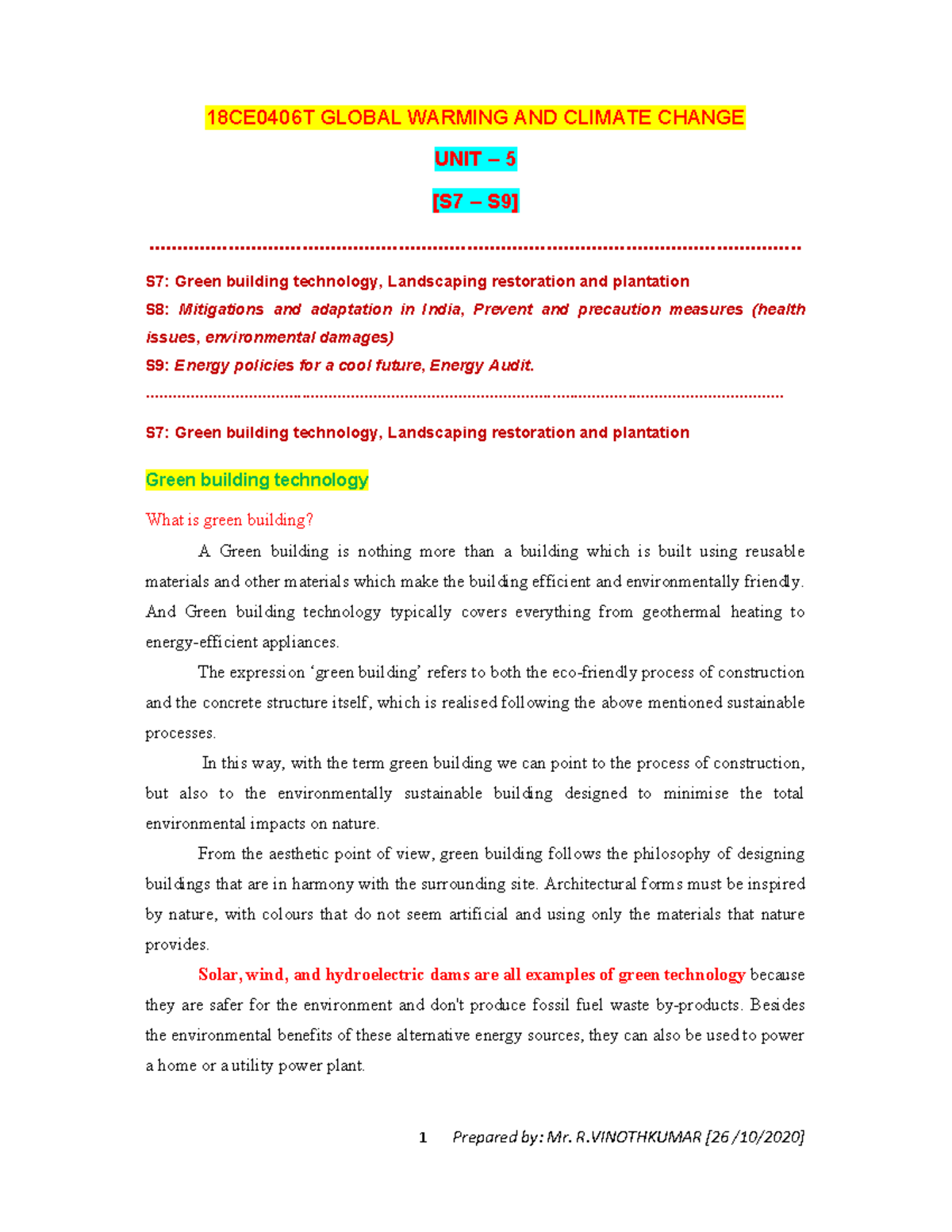 UNIT 5 [S7 -S9] - UNIT 5 study material - 18CE0406T GLOBAL WARMING AND ...