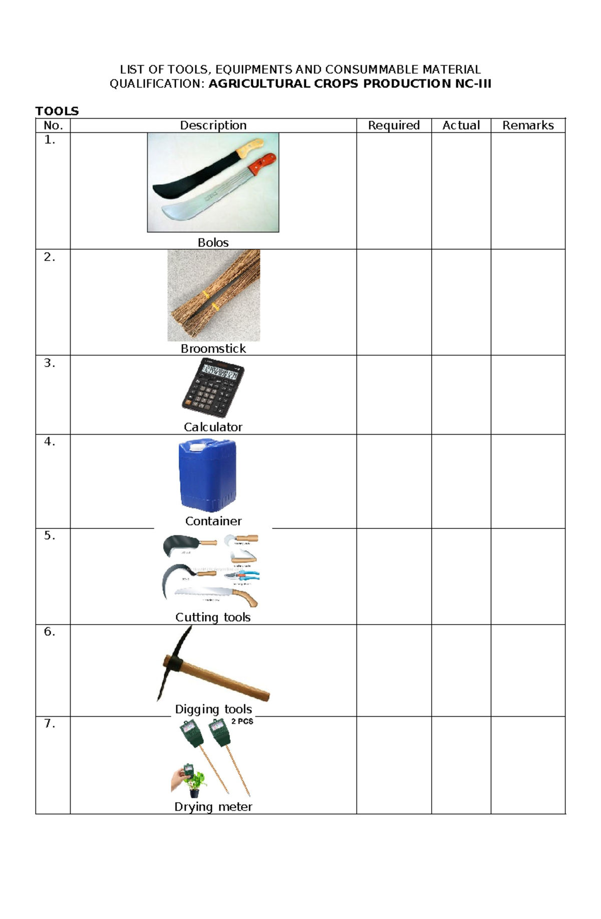 Agricultural Crops Production 2 - LIST OF TOOLS, EQUIPMENTS AND ...