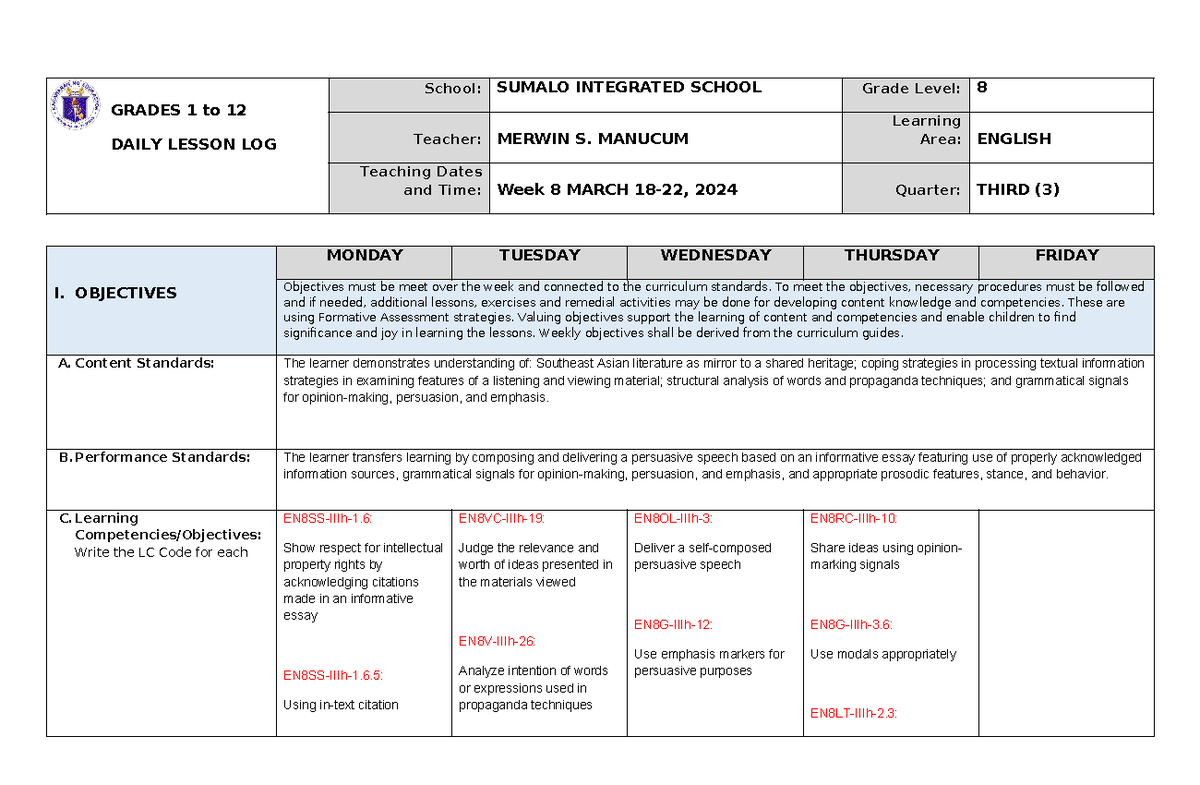 DLL ENG8 3RDQ 8W - Daily Lesson Plan - GRADES 1 to 12 DAILY LESSON LOG ...
