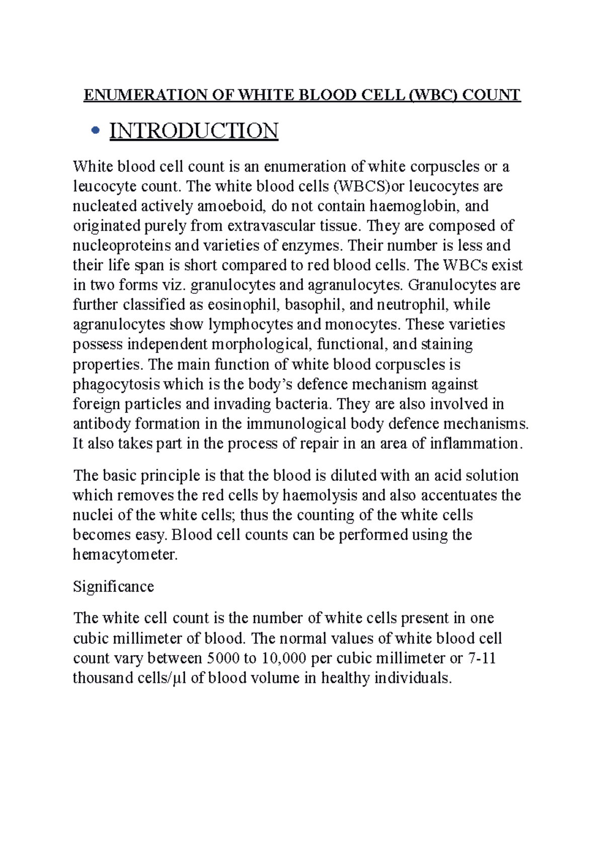 Enumeration OF White Blood CELL - ENUMERATION OF WHITE BLOOD CELL (WBC) COUNT INTRODUCTION White ...