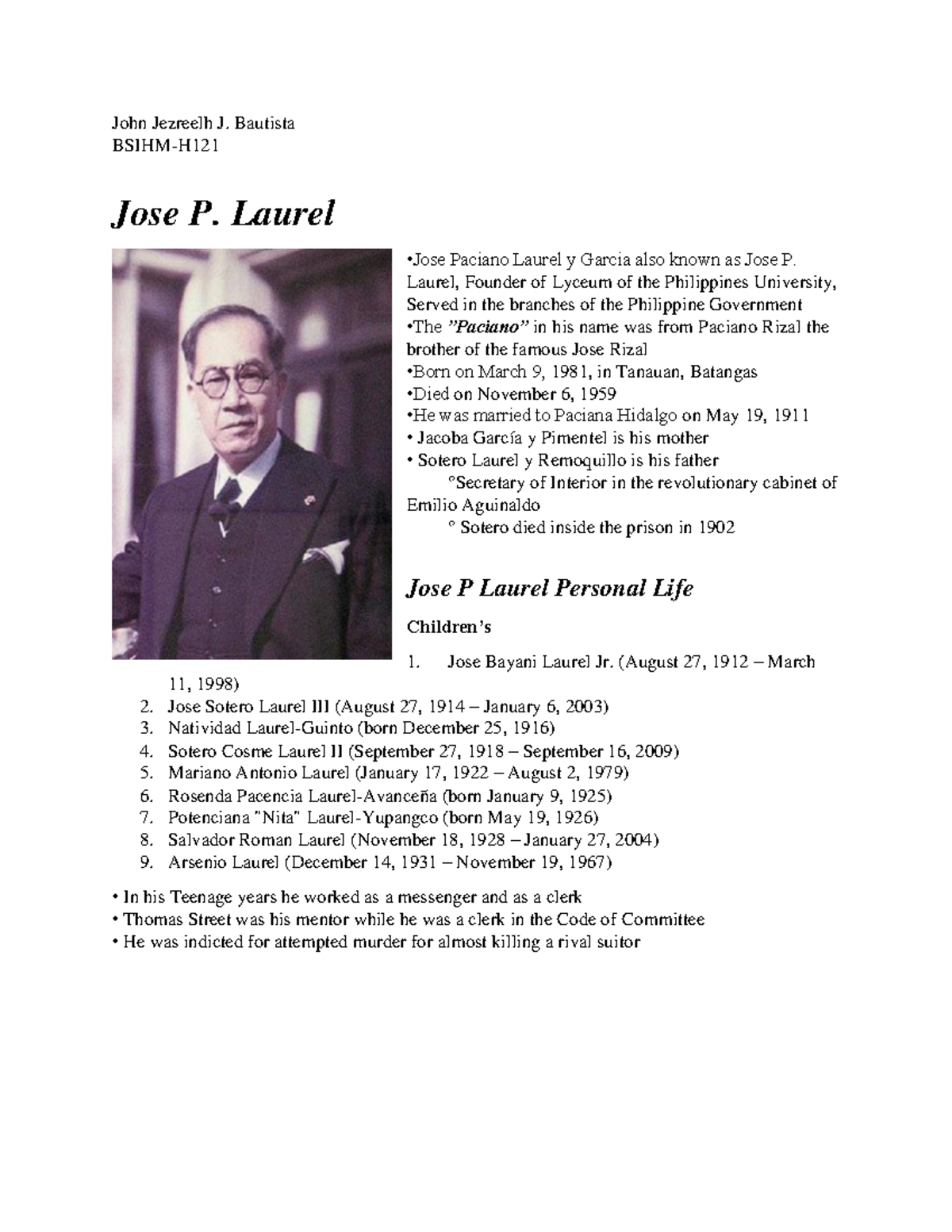 JPL Biography - jpl - John Jezreelh J. Bautista BSIHM-H Jose P. Laurel ...