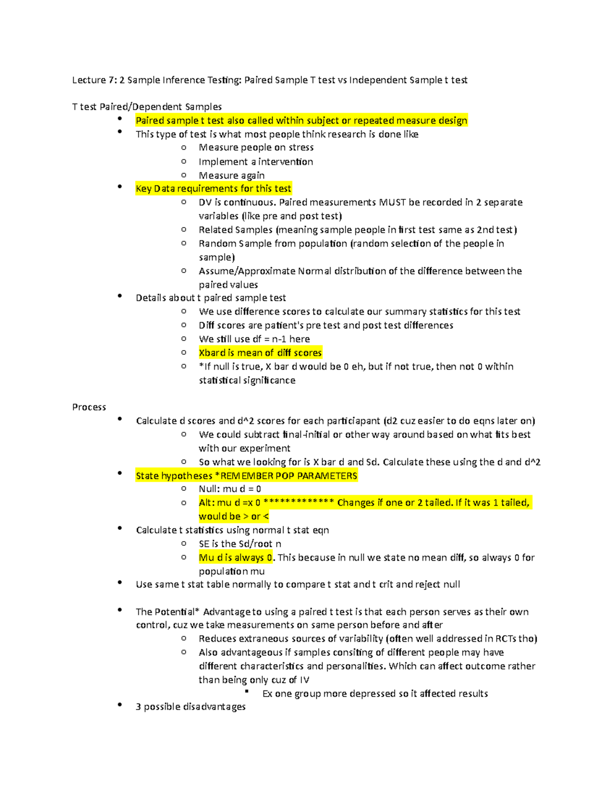 Lecture 7 Notes - Lecture 7: 2 Sample Inference Tesing: Paired Sample T ...