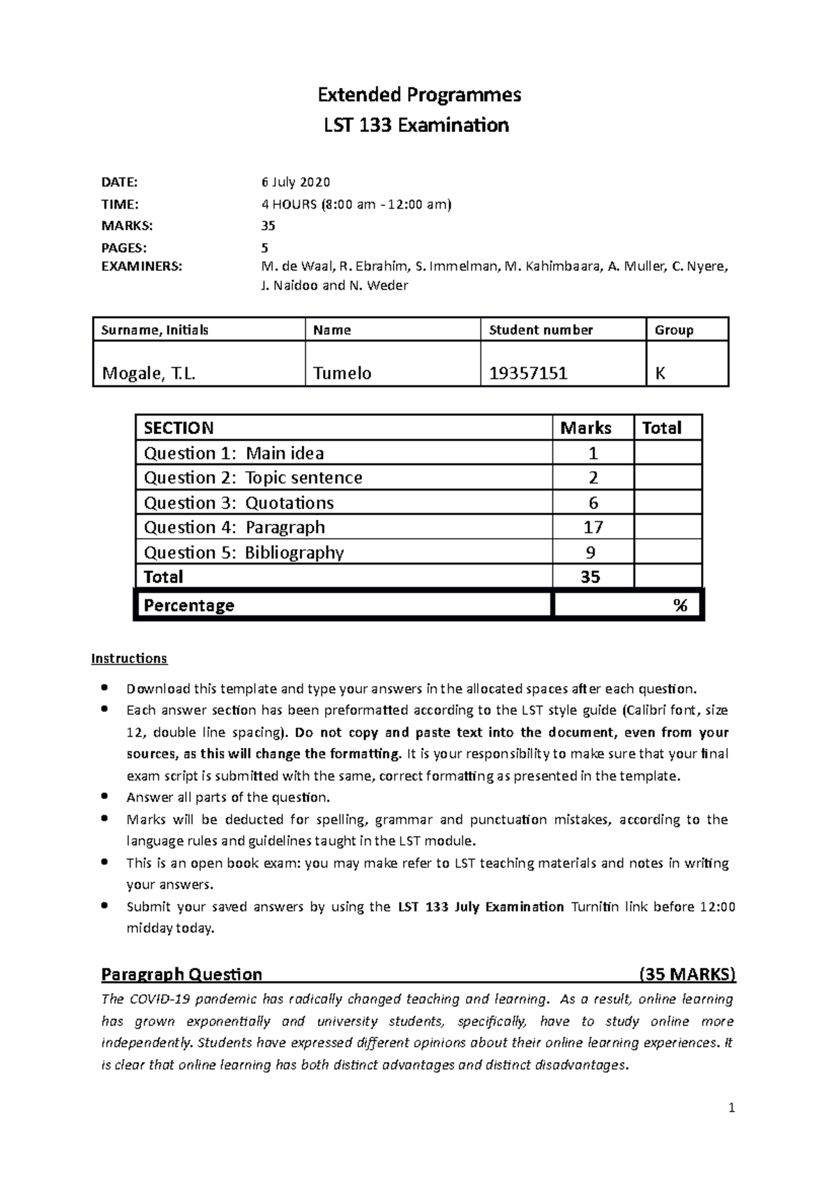 2020 LST 133 Online Examination - Extended Programmes LST 133 Examination DATE: 6 July 2020 TIME ...