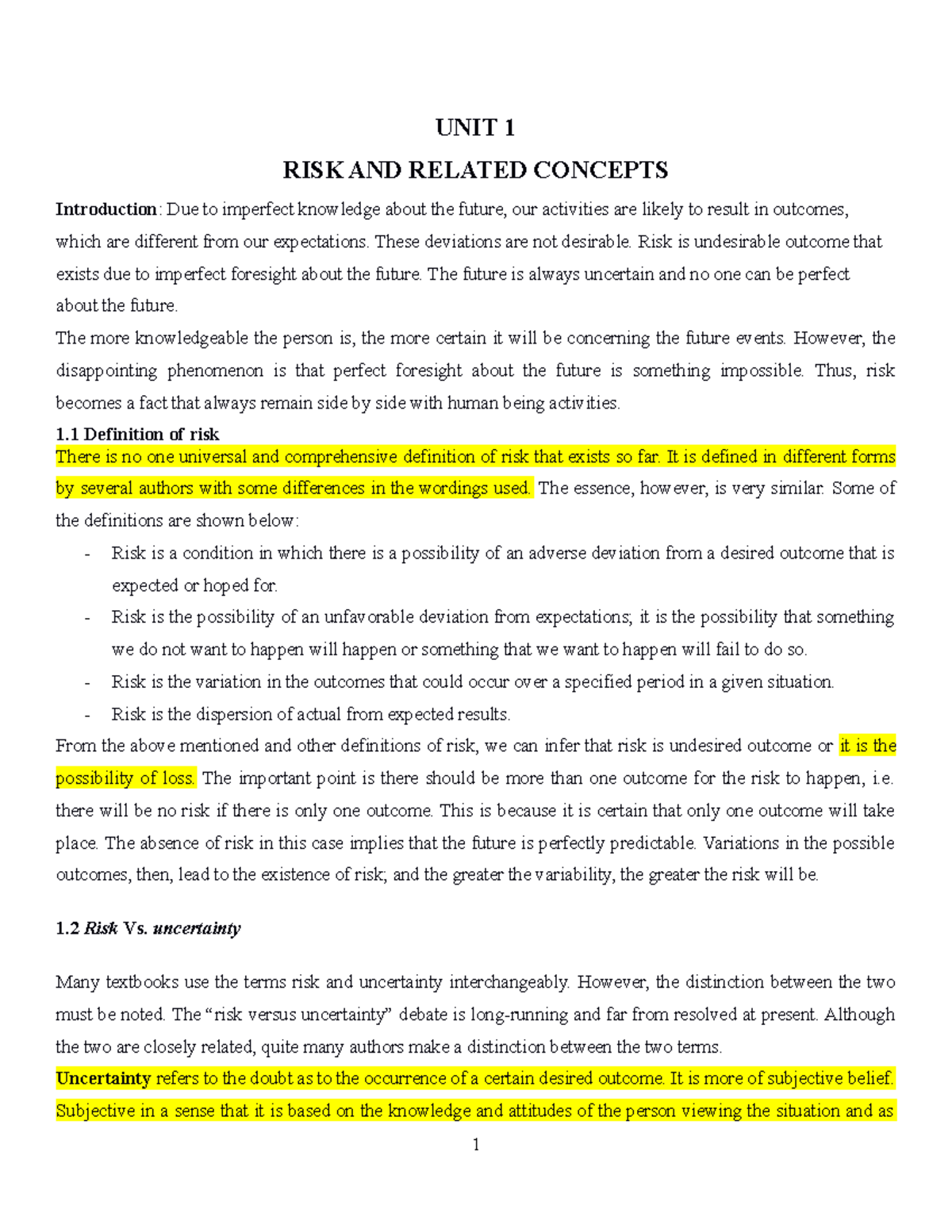 Risk 1-4 - Lecture note - UNIT 1 RISK AND RELATED CONCEPTS Introduction ...