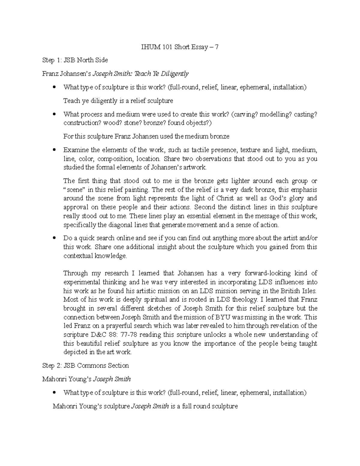 IHUM 101 Short Essay 7 - Grade: A - IHUM 101 Short Essay – 7 Step 1 ...