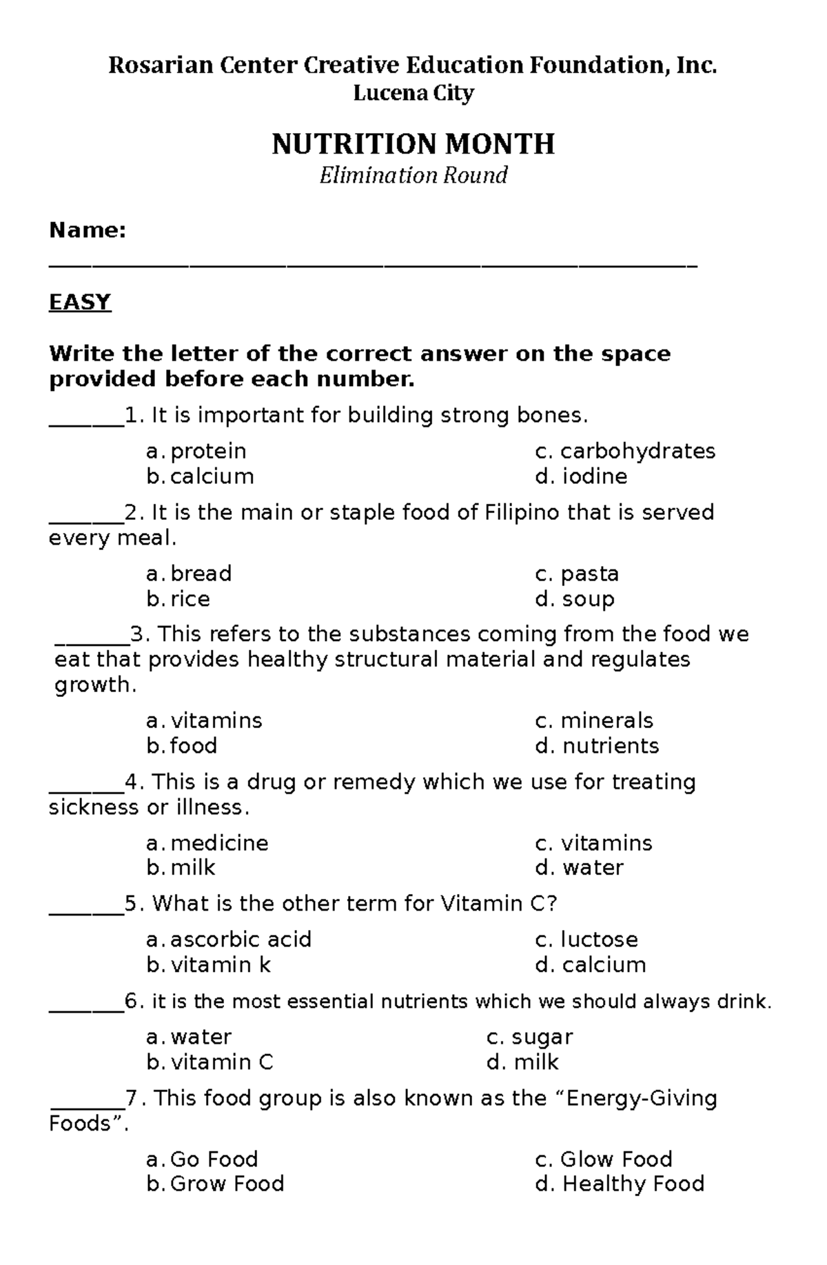 Nutri-Quiz(questions G4-G6) edited - Rosarian Center Creative Education ...