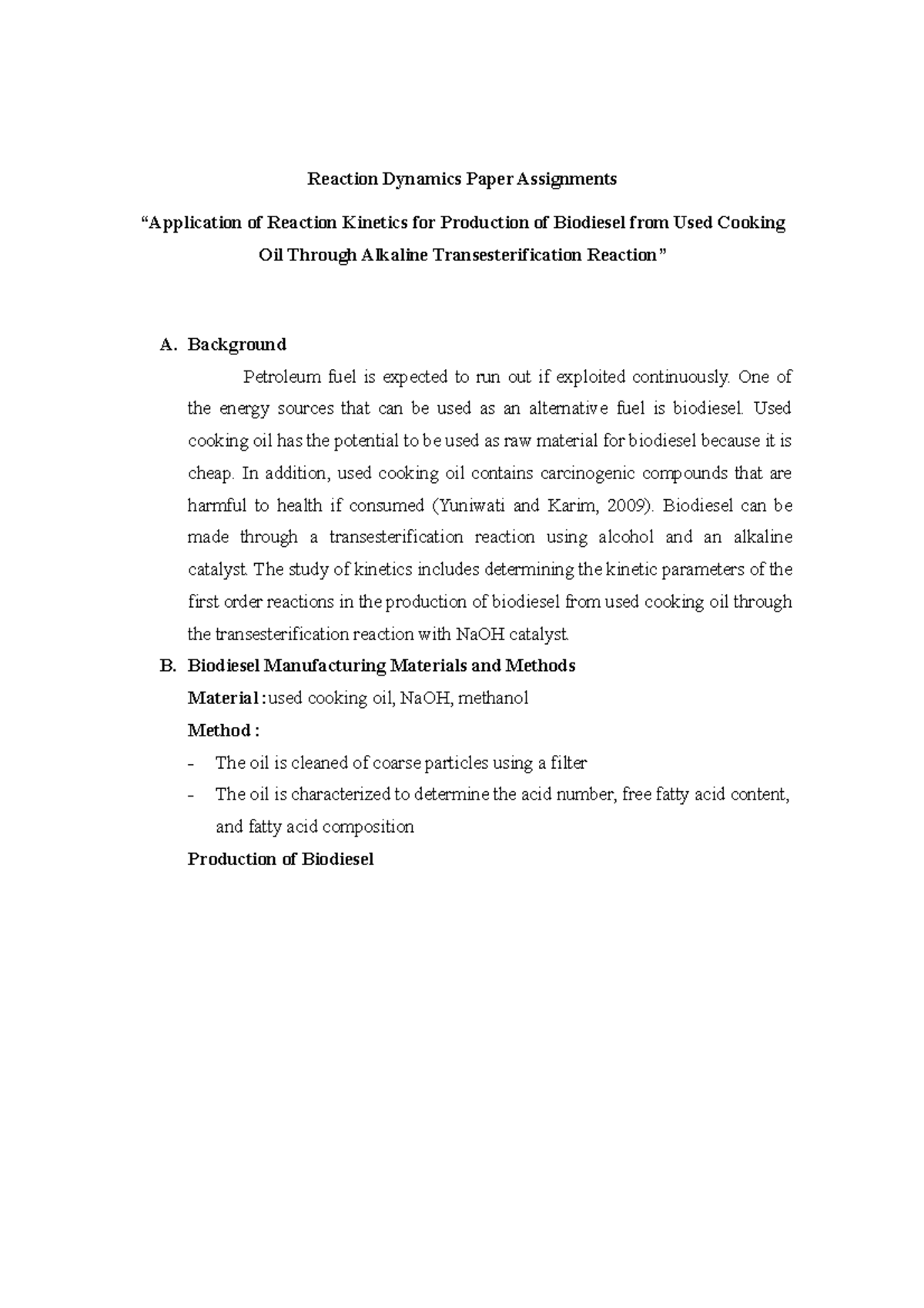 Reaction Dynamics Paper Production of biodesel - Reaction Dynamics ...