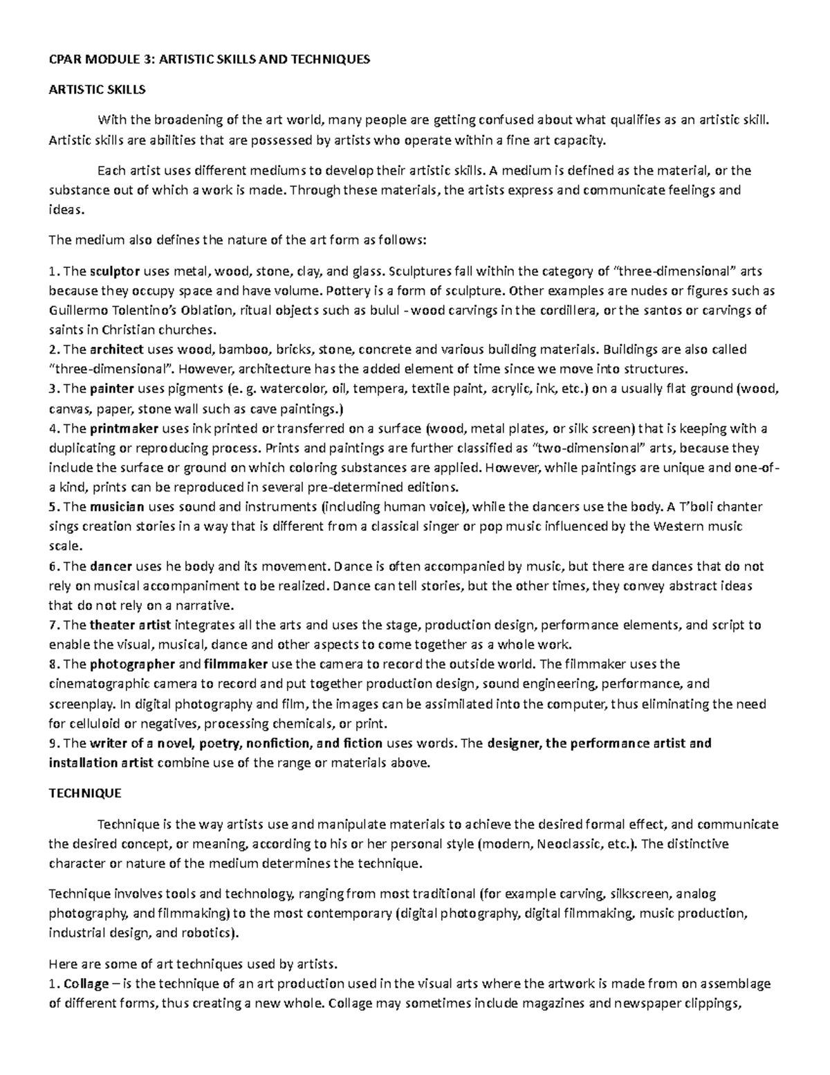 CPAR Module 3 & 5 - CPAR MODULE 3: ARTISTIC SKILLS AND TECHNIQUES ...