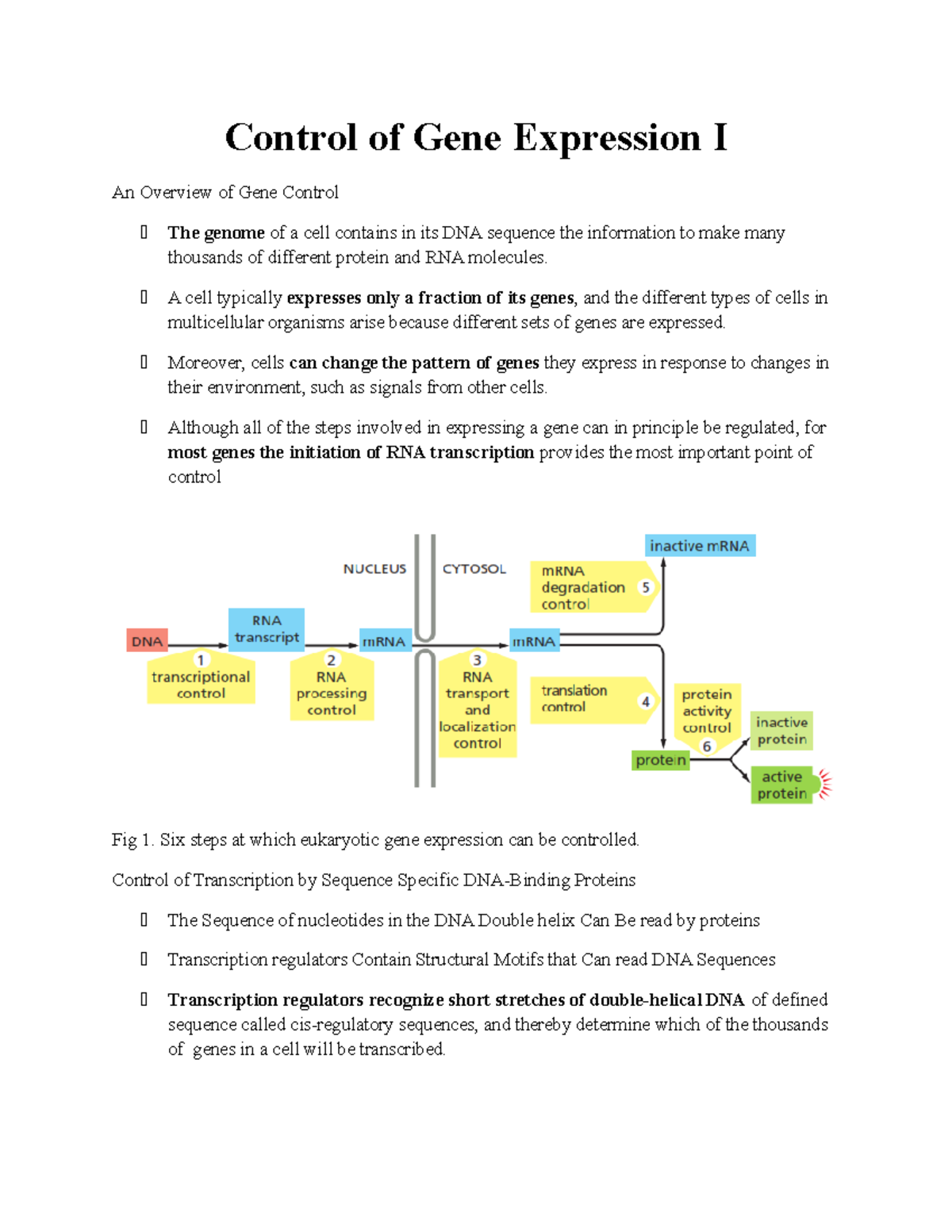 Control of Gene Expression I - A cell typically expresses only a ...