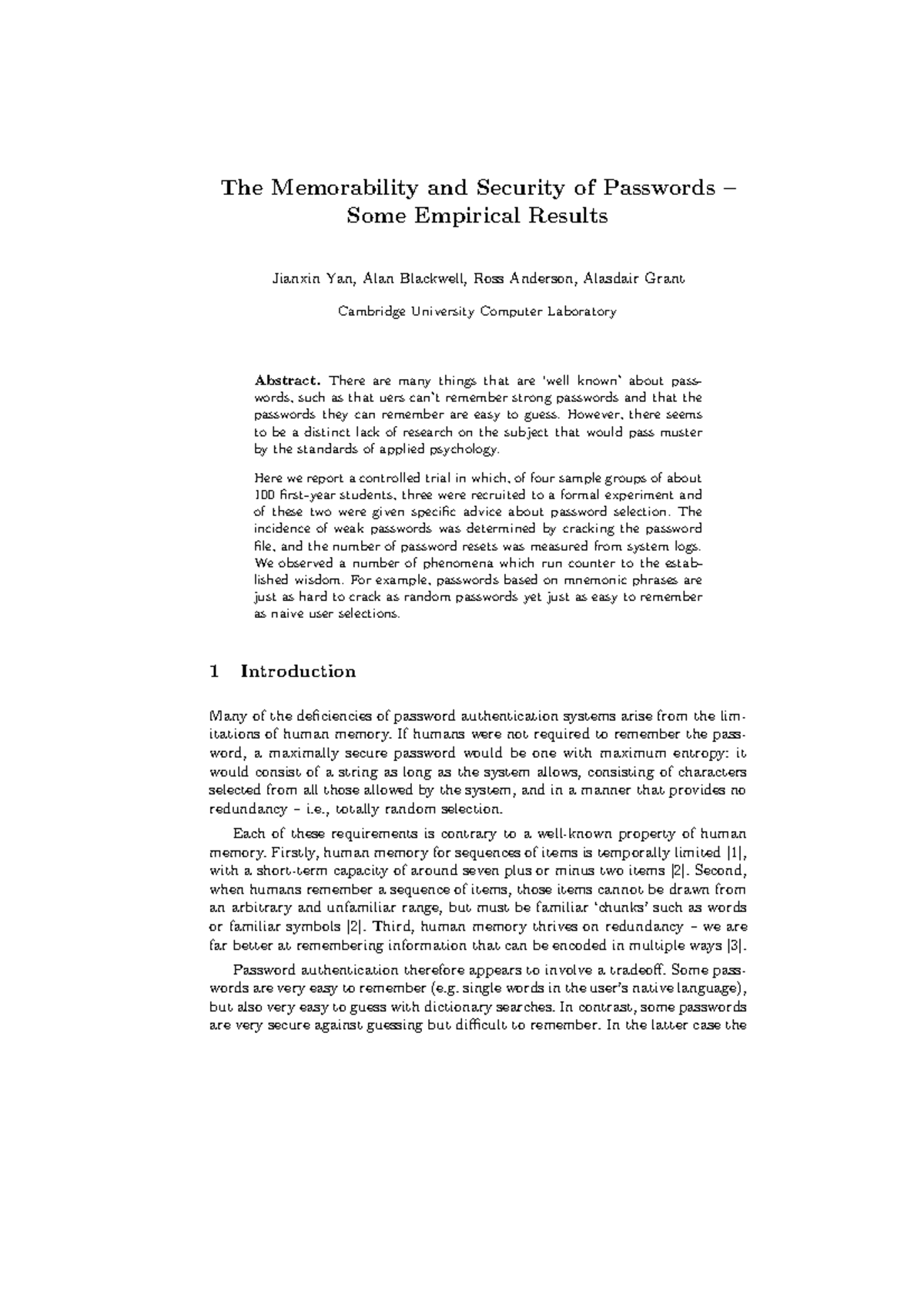 Strong Passwords The Memorability And Security Of Passwords Some Empirical Results Jianxin