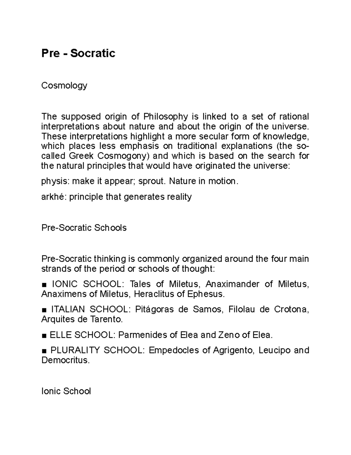 Pre - Socratic - Pre - Socratic Cosmology The supposed origin of ...