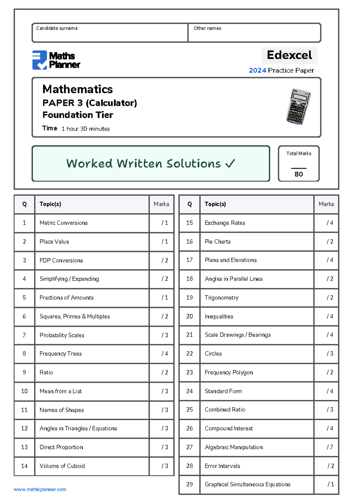 Maths Planner P3 Foundation Solutions - Candidate surname Total Marks ...