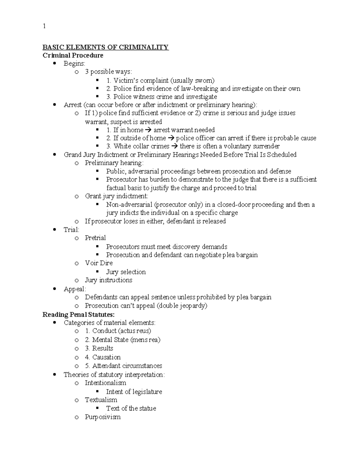 Criminal Law Outline Candeub[ 33] - BASIC ELEMENTS OF CRIMINALITY ...